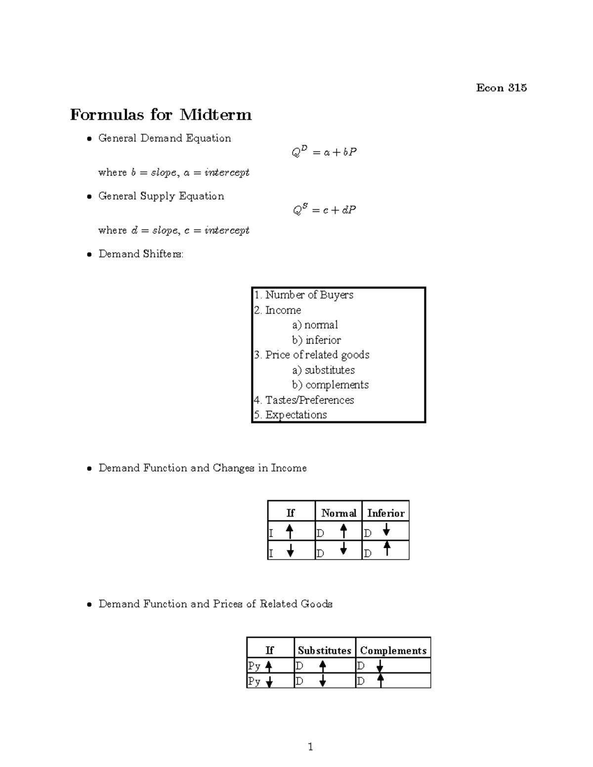 Formula sheet exam1 - Warning: TT: undefined function: 32 Econ 315 For mulas for Midterm ï ...