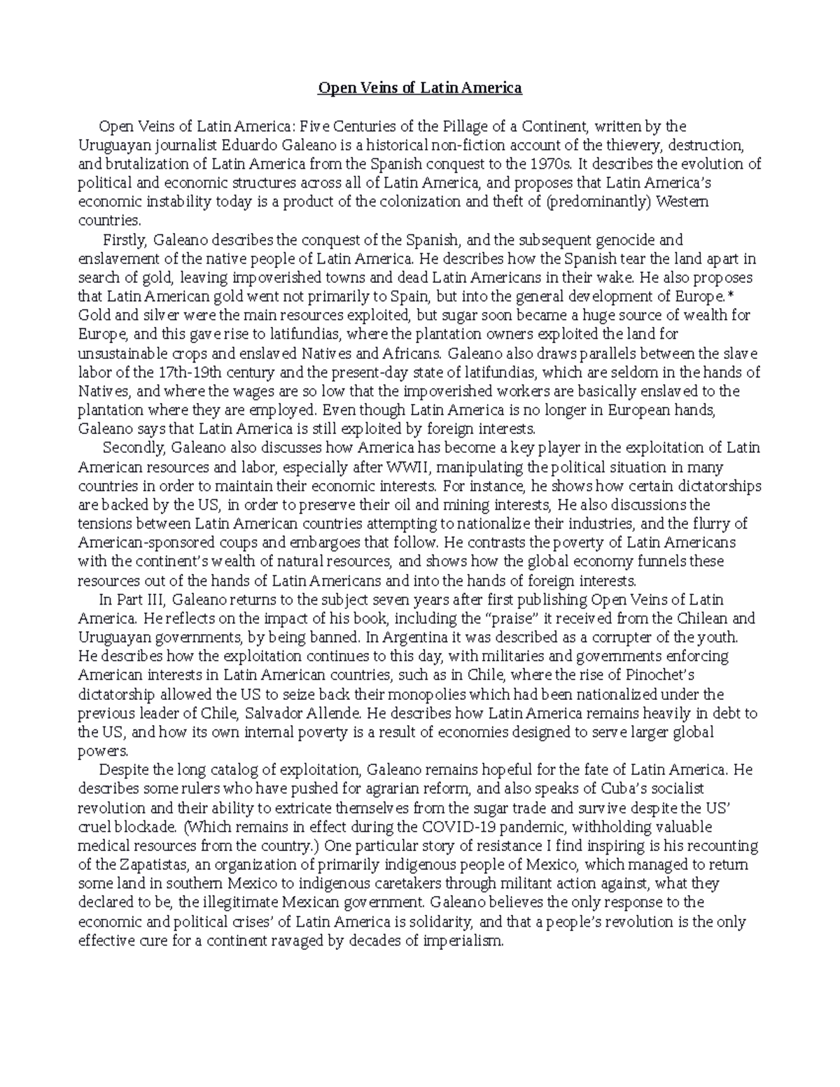 Summary of "Open Veins of Latin America" by Eduardo Galeano - Open ...