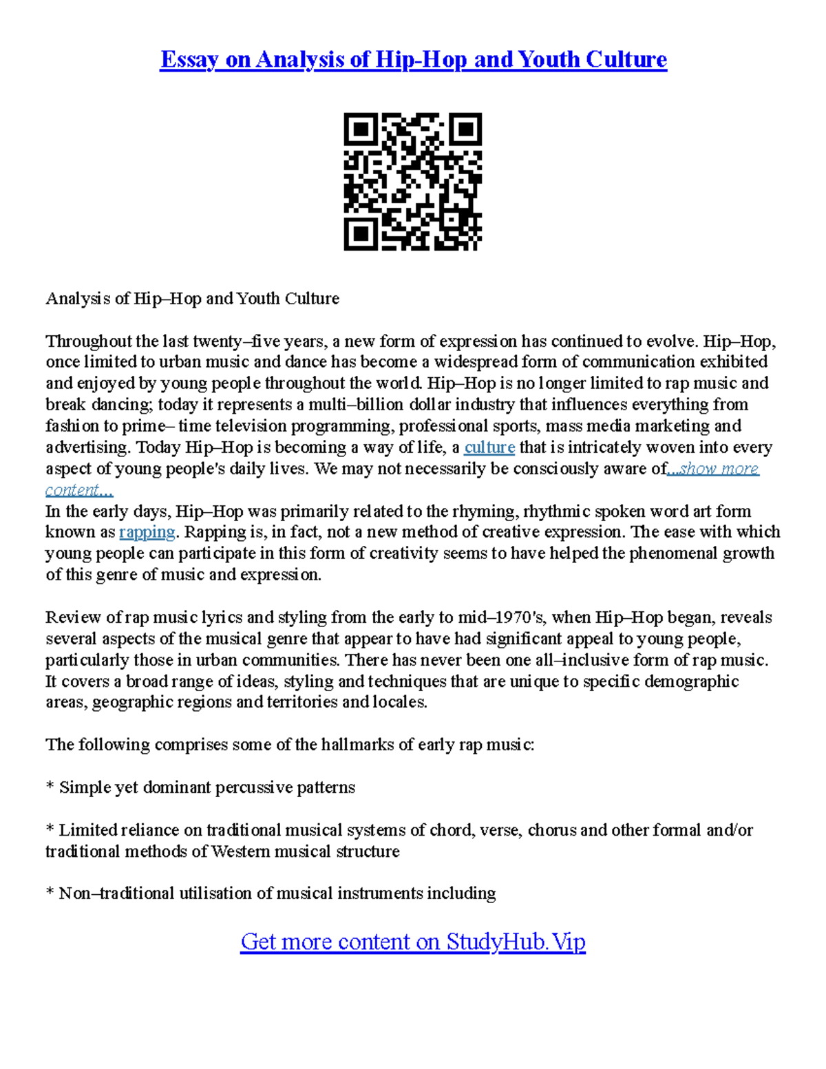 Hip Hop Culture Essay - Essay on Analysis of Hip-Hop and Youth Culture ...
