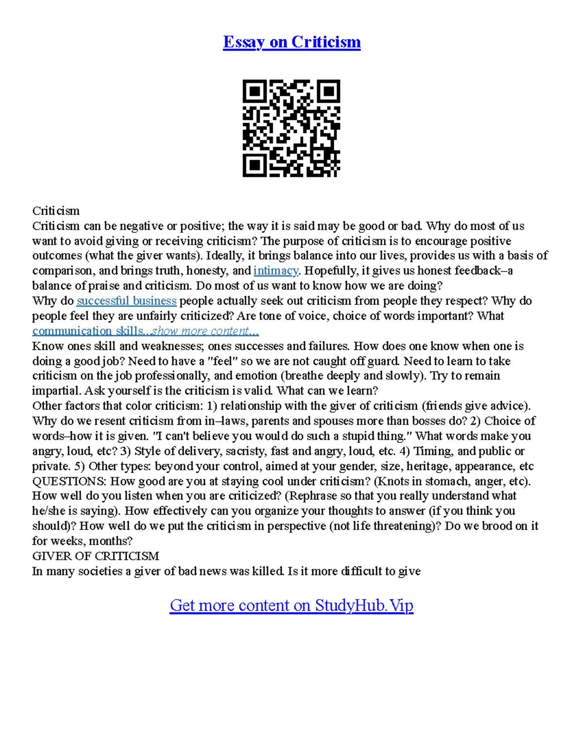 How To Critique An Essay Example - Essay on Criticism Criticism ...