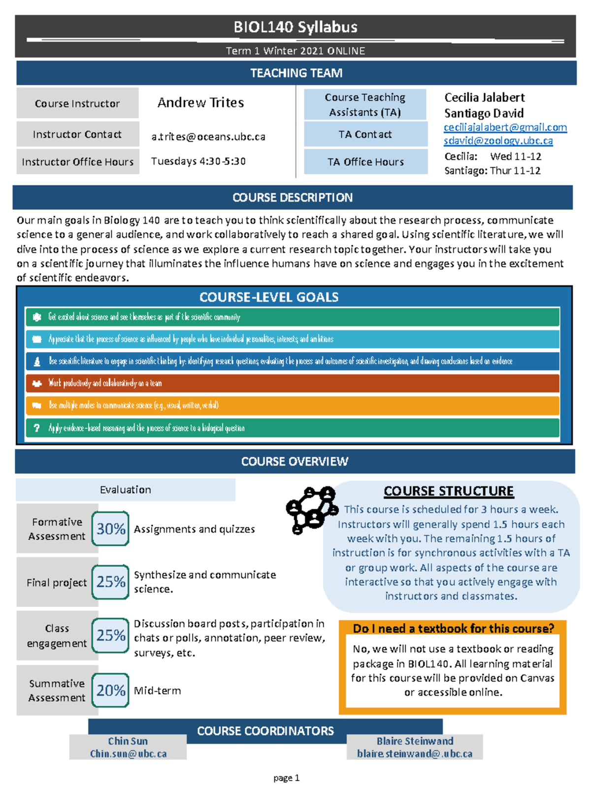 BIOL140 Syllabus Term 1 2021 - Term 1 Winter 2021 ONLINE Our main goals ...