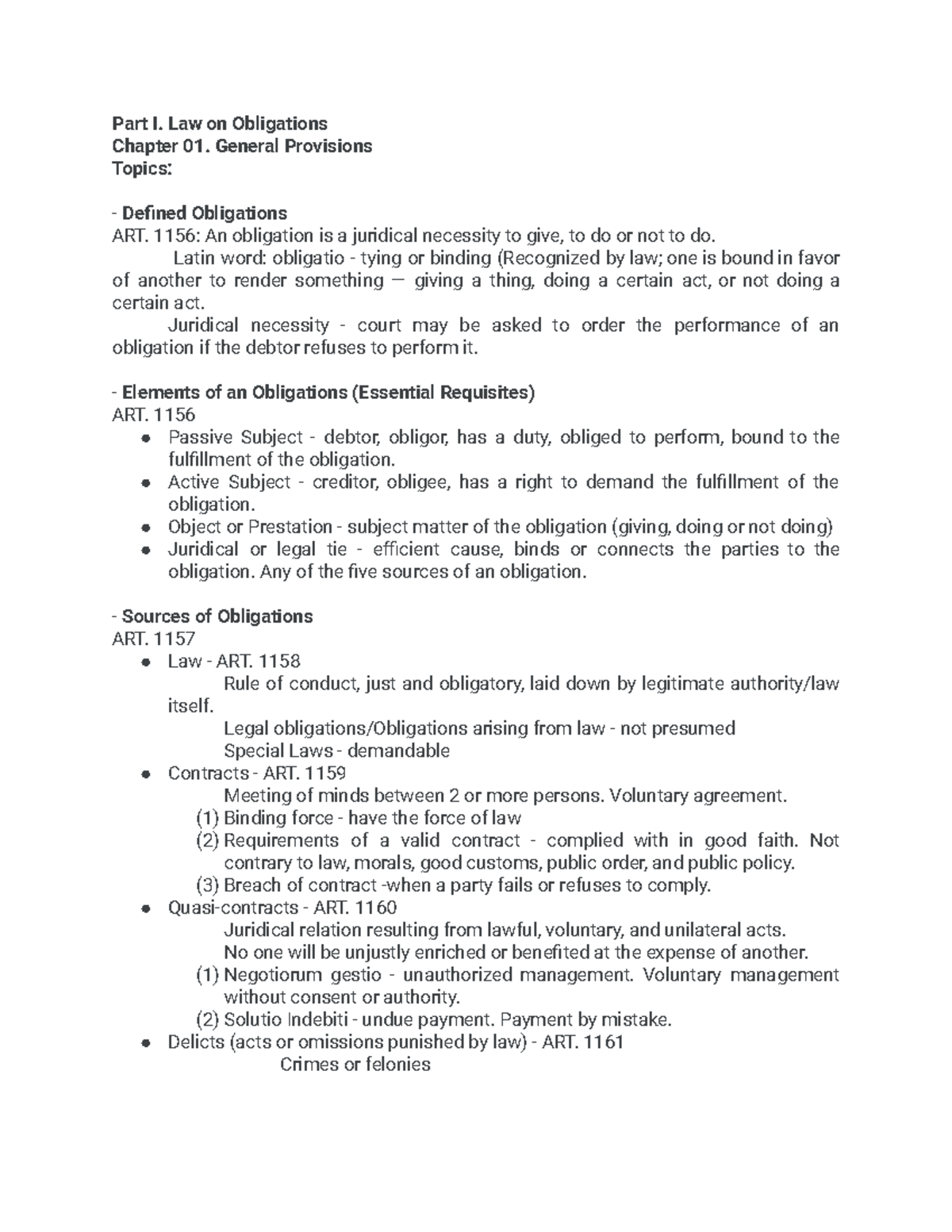 Obligation-oral-recit - Part I. Law on Obligations Chapter 01. General ...