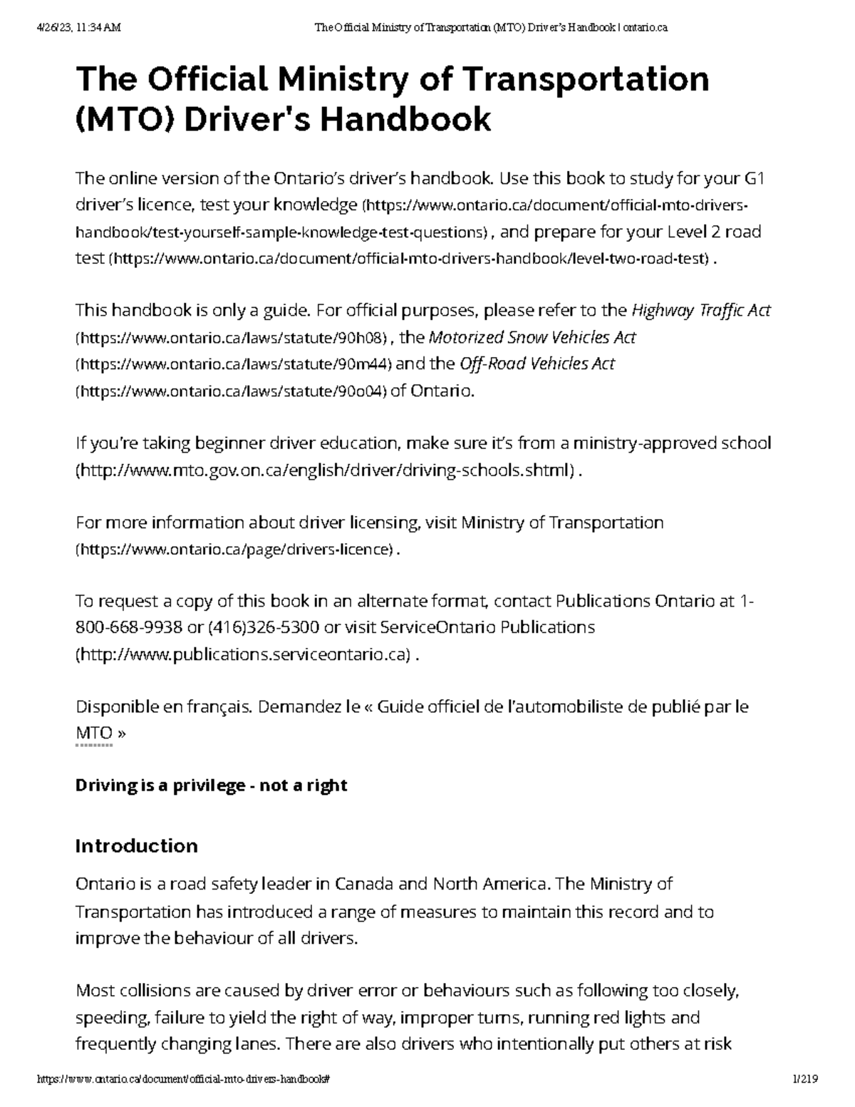 Driver´S Handbook - The Official Ministry of Transportation (MTO ...