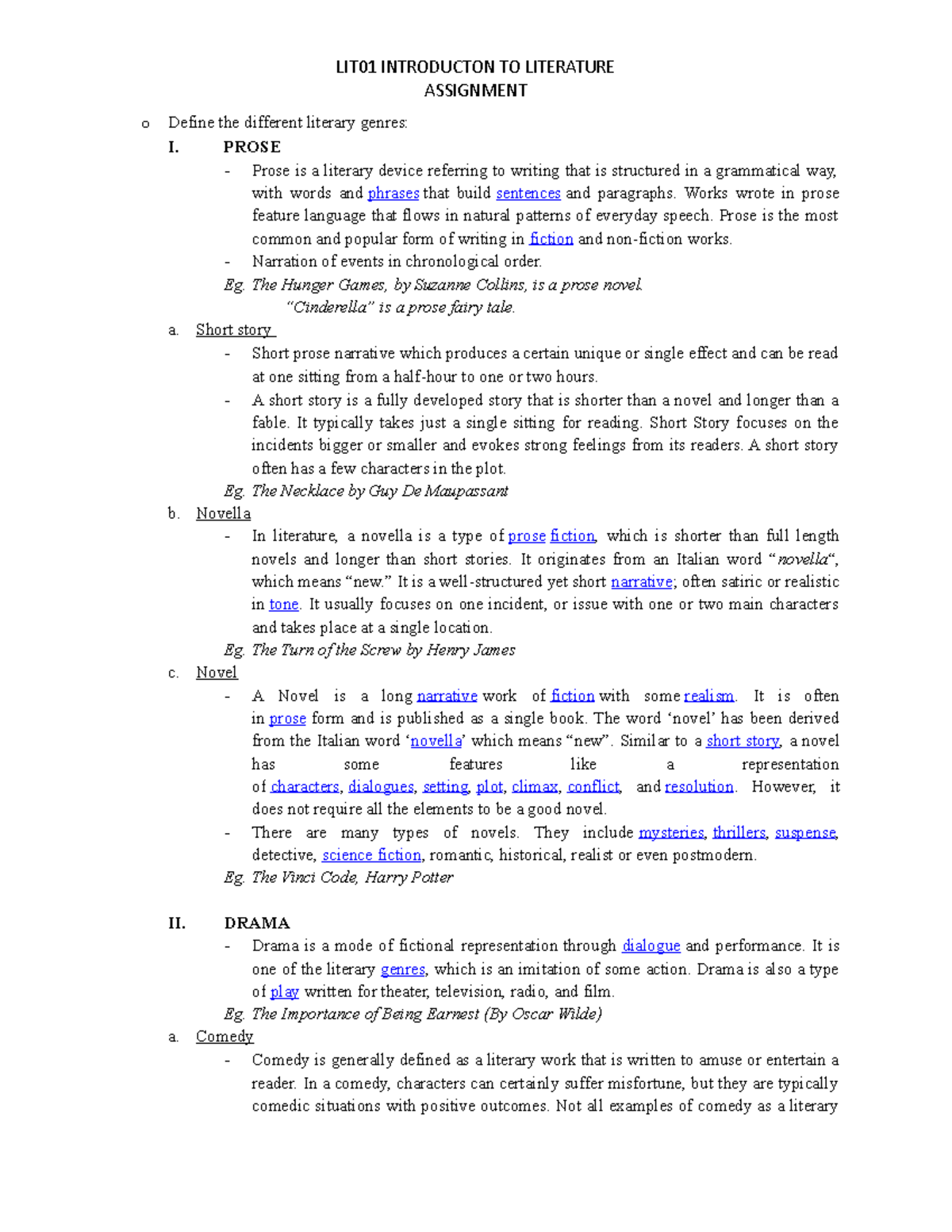 LIT01 ASS - Literary Genres - LIT01 INTRODUCTON TO LITERATURE ...