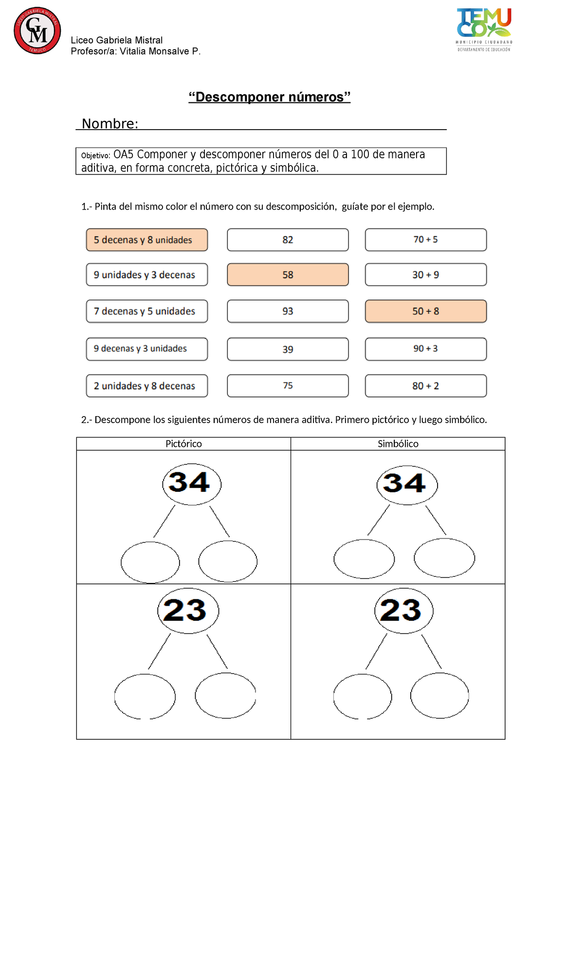 2° Básico Matemática Guía Descomposición de números - Liceo Gabriela ...