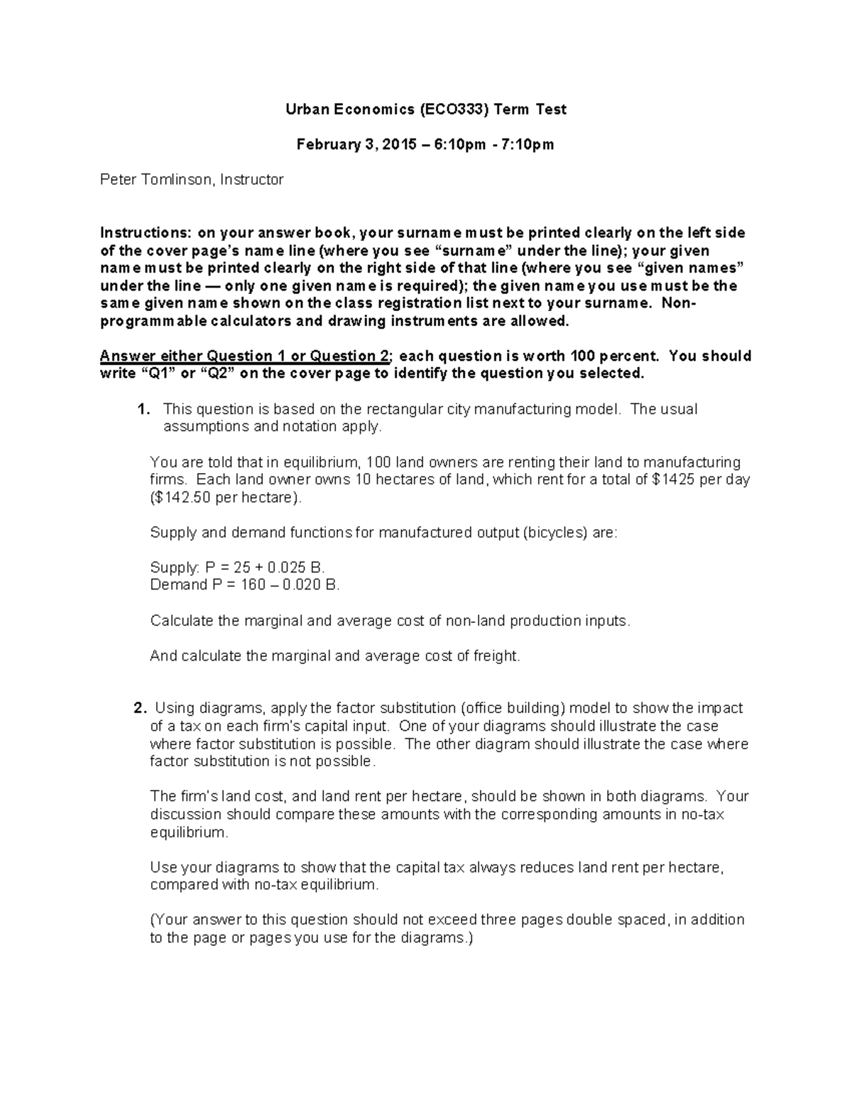 Exam February 2015, questions and answers - Urban Economics (ECO333 ...