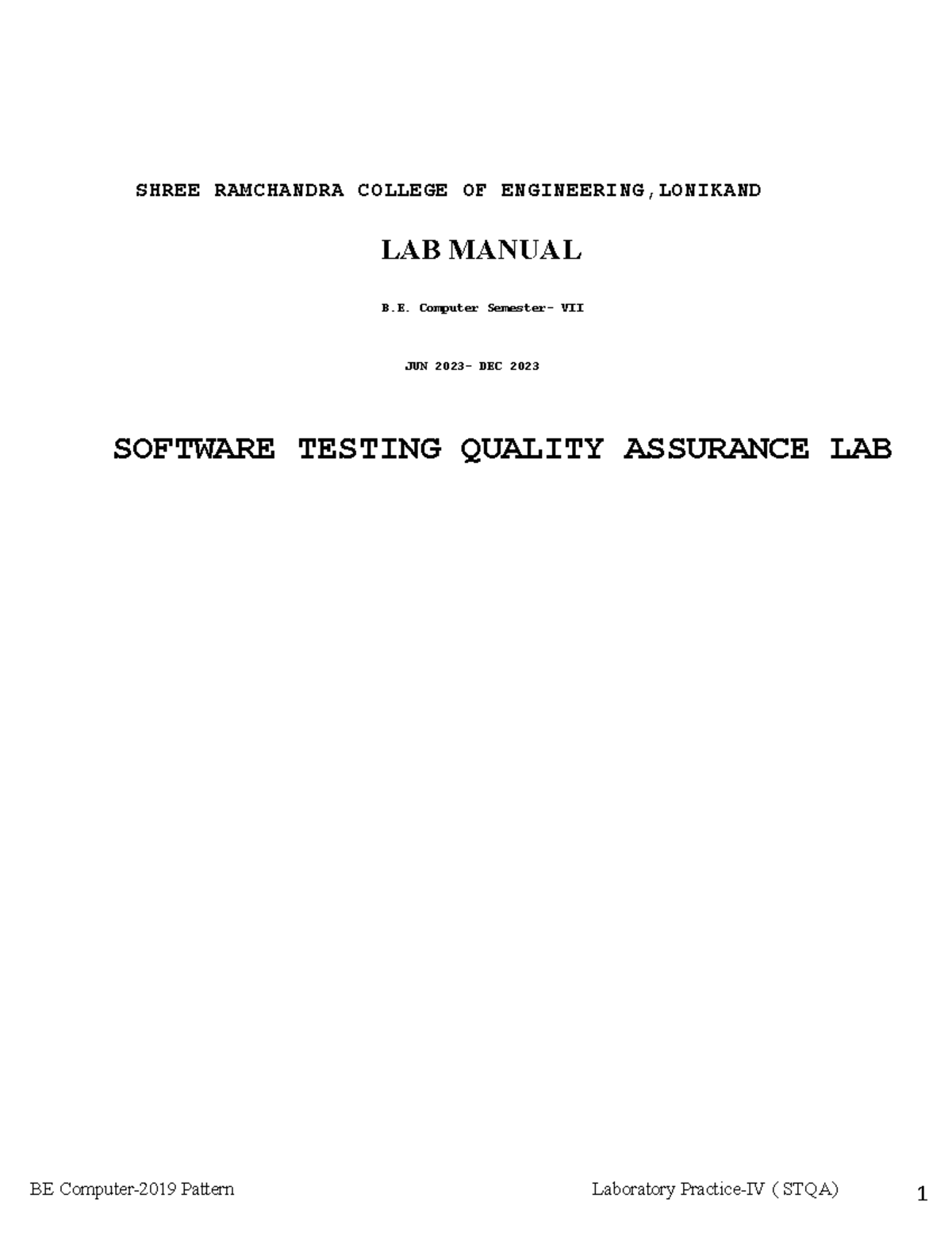 STQA LAB Manual 22 23 - SHREE RAMCHANDRA COLLEGE OF ENGINEERING,LONIKAND LAB MANUAL B. Computer ...