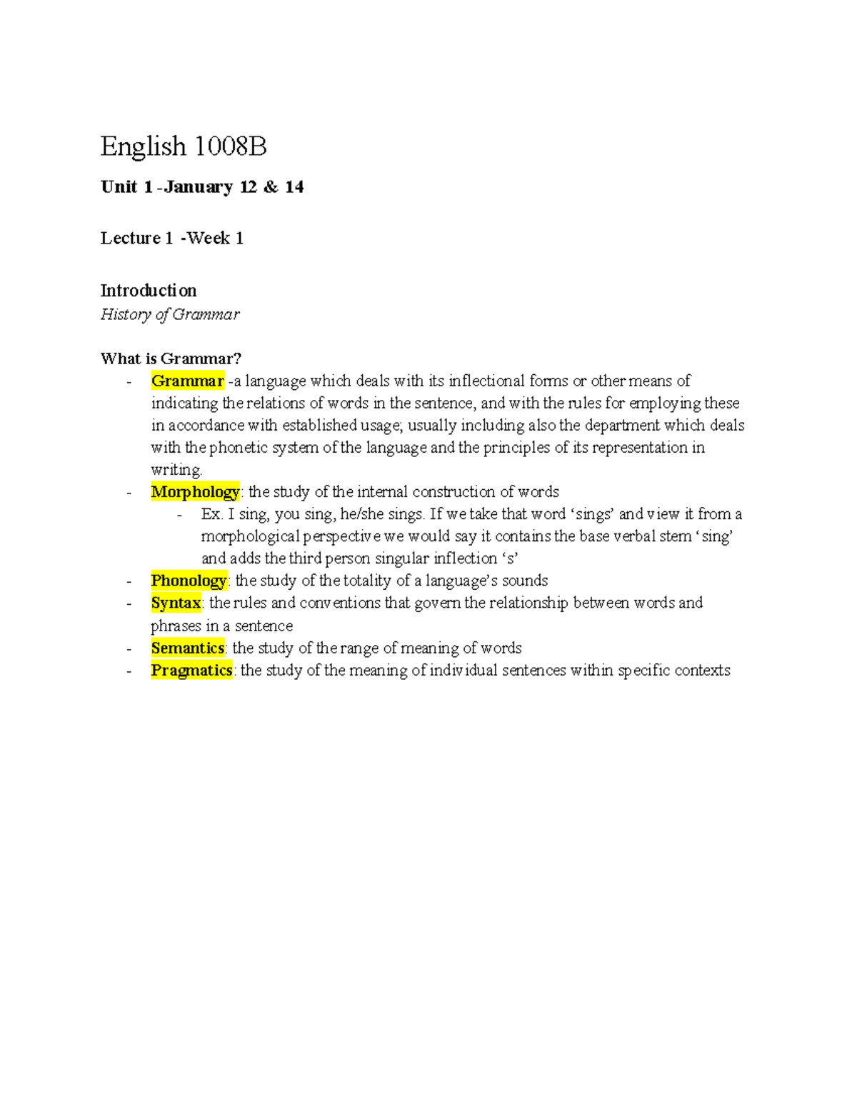 English grammar notes and Study Notes - English 1008B Unit 1 -January ...