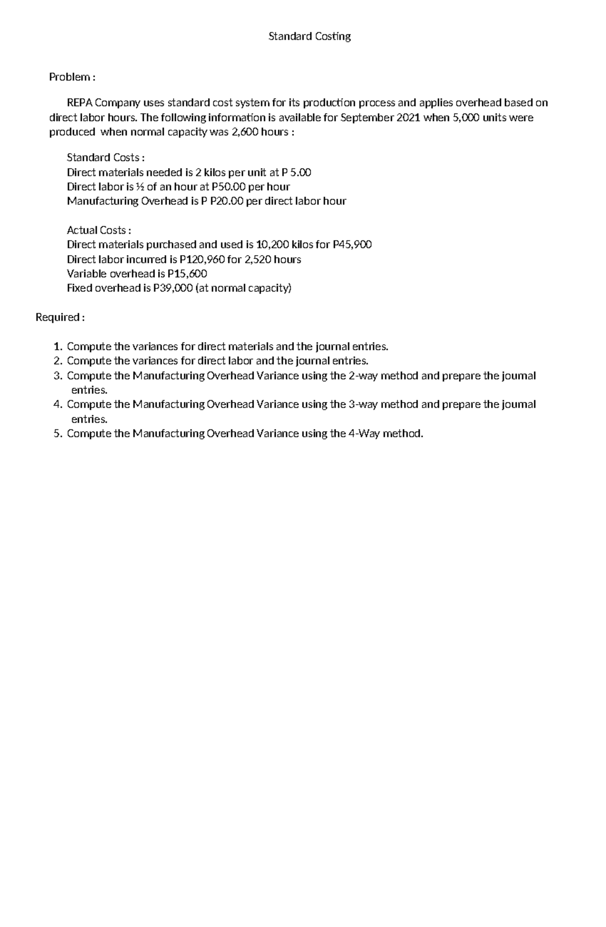 Sample problem standard costing - Standard Costing Problem : REPA ...