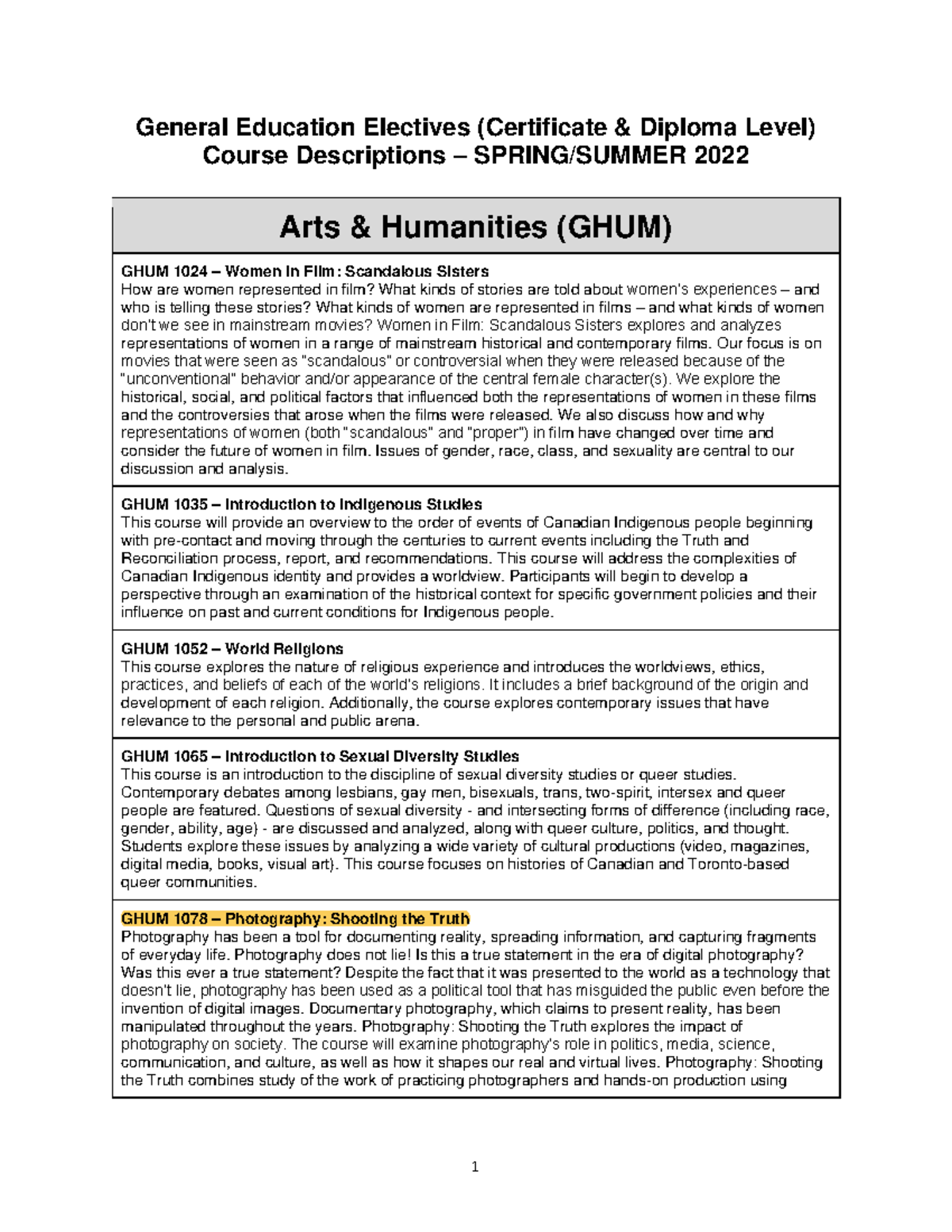 General Education Elective Course - General Education Electives (Certificate & Diploma Level ...