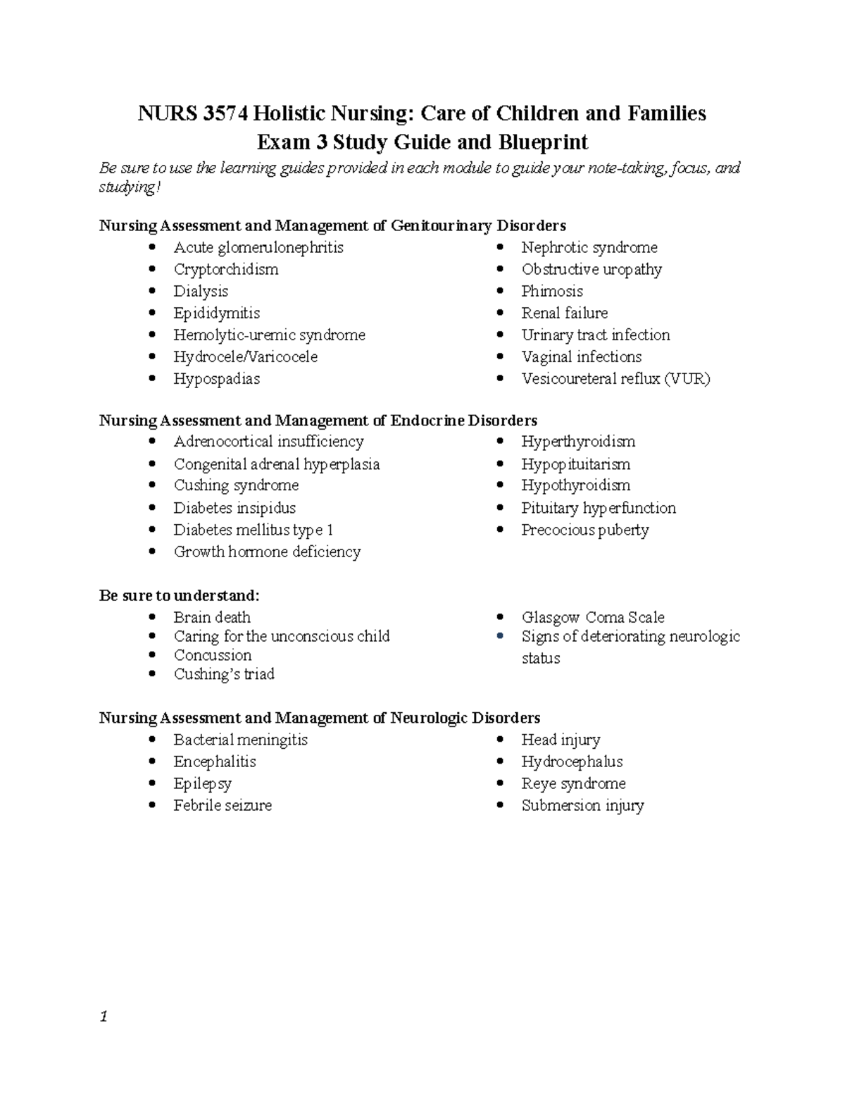 Exam 3 Study Guide Blueprint - NURS 3574 Holistic Nursing: Care of ...