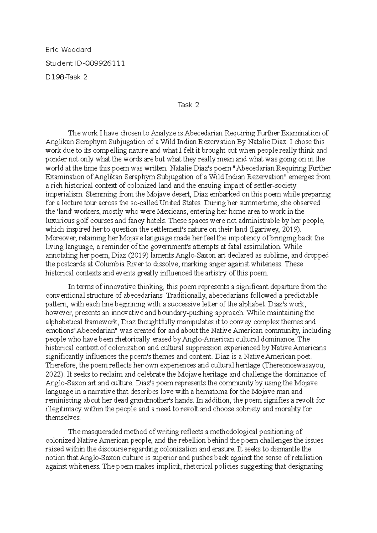 Global TASK 2 - Paper for task 2 - Eric Woodard Student ID- D198-Task 2 ...