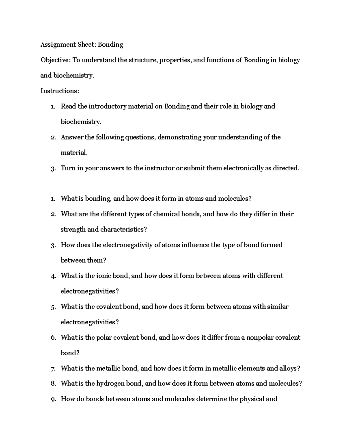 Assignment Sheet Bonding - Assignment Sheet: Bonding Objective: To understand the structure ...