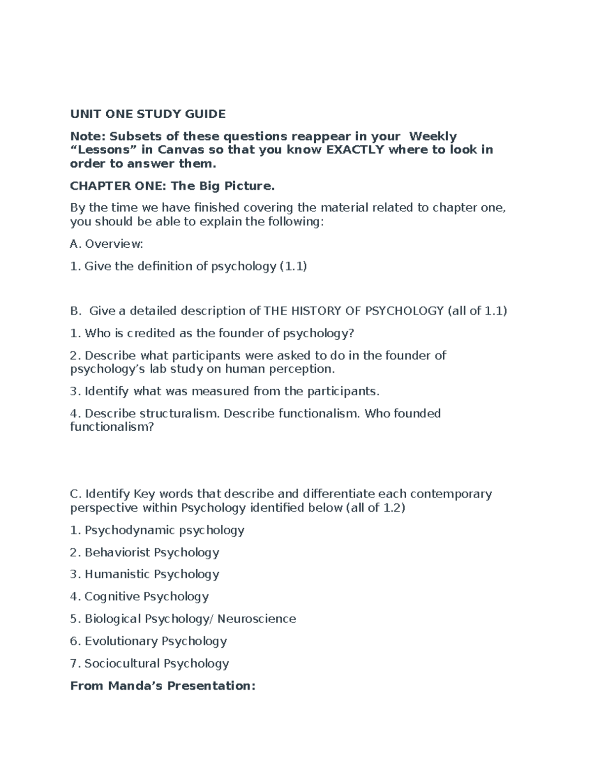 U1.Study Guide - UNIT ONE STUDY GUIDE Note: Subsets of these questions ...