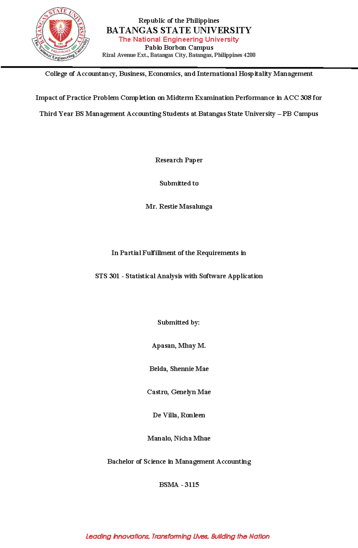 STS Research Group 1-1 - kmskijyuahxk - BATANGAS STATE UNIVERSITY The ...