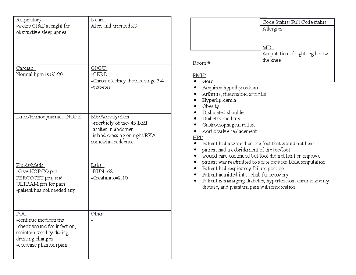 11/10 Report Sheet Adult Health 1 Clinical - Respiratory: -wears CPAP ...