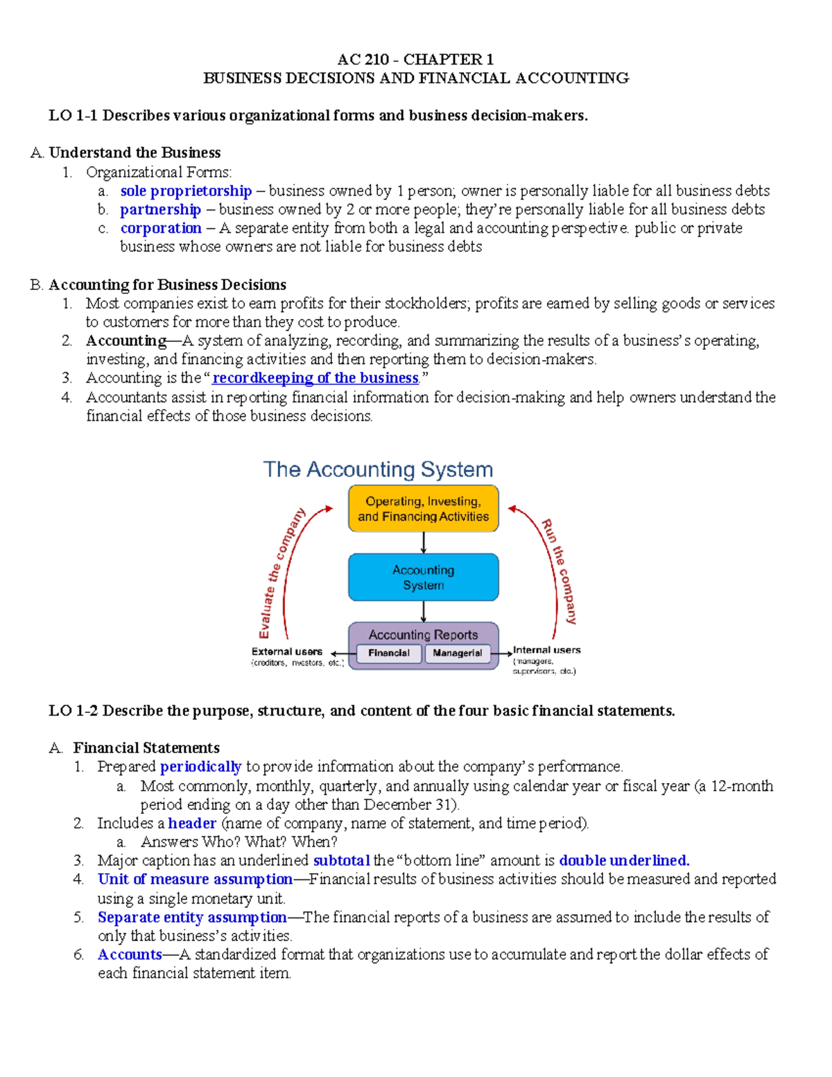 Chapter 1 handout filled in - AC 210 - CHAPTER 1 BUSINESS DECISIONS AND ...