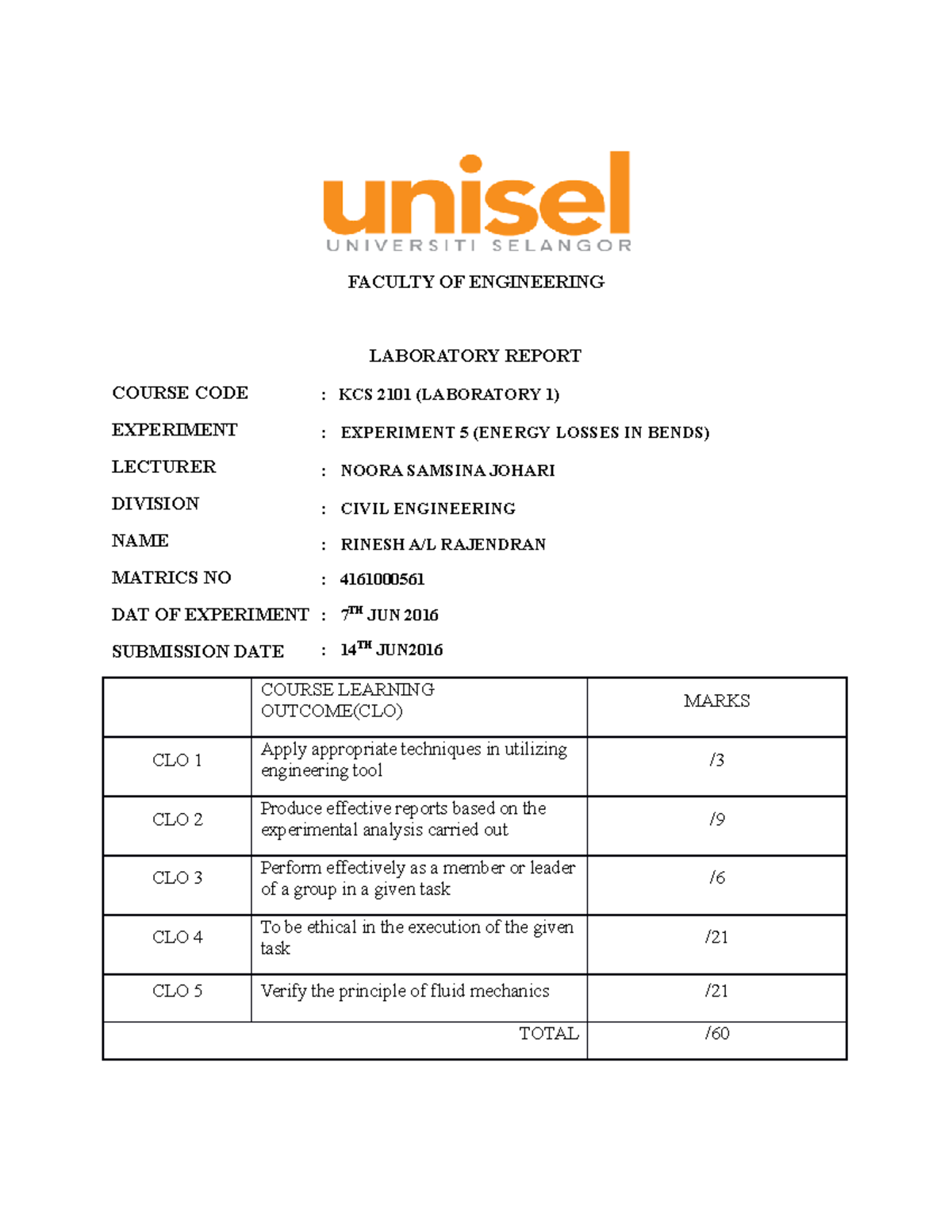 Exp 5 Fluids Complete - lab - FACULTY OF ENGINEERING LABORATORY REPORT ...