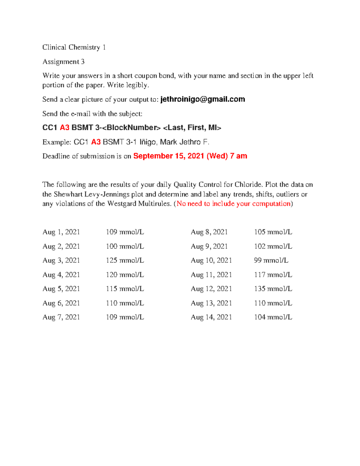 CC1 Assignment 3 Block 2 - Clinical Chemistry 1 Assignment 3 Write your answers in a short ...