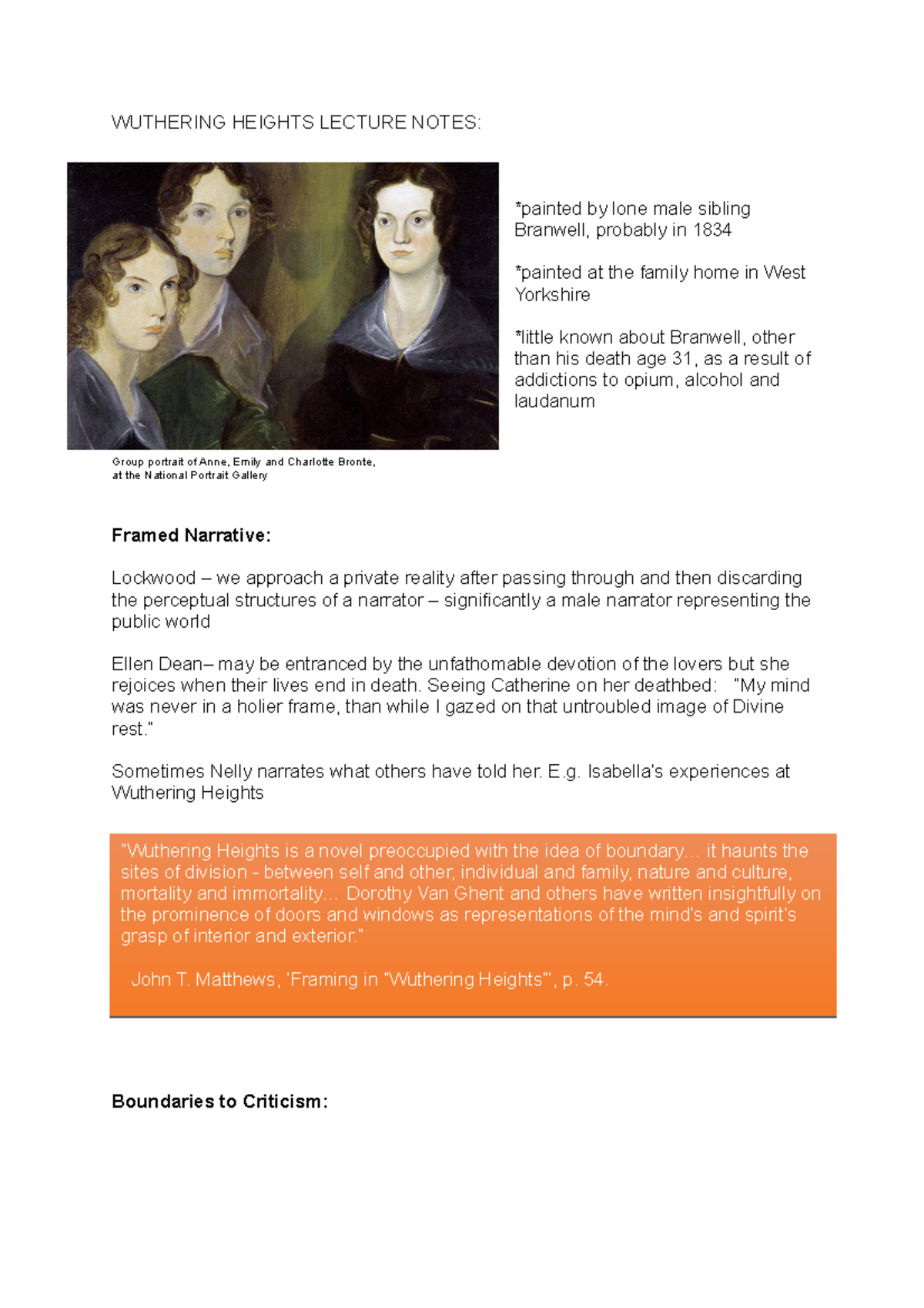 Wuthering Heights Lecture Notes - WUTHERING HEIGHTS LECTURE NOTES ...