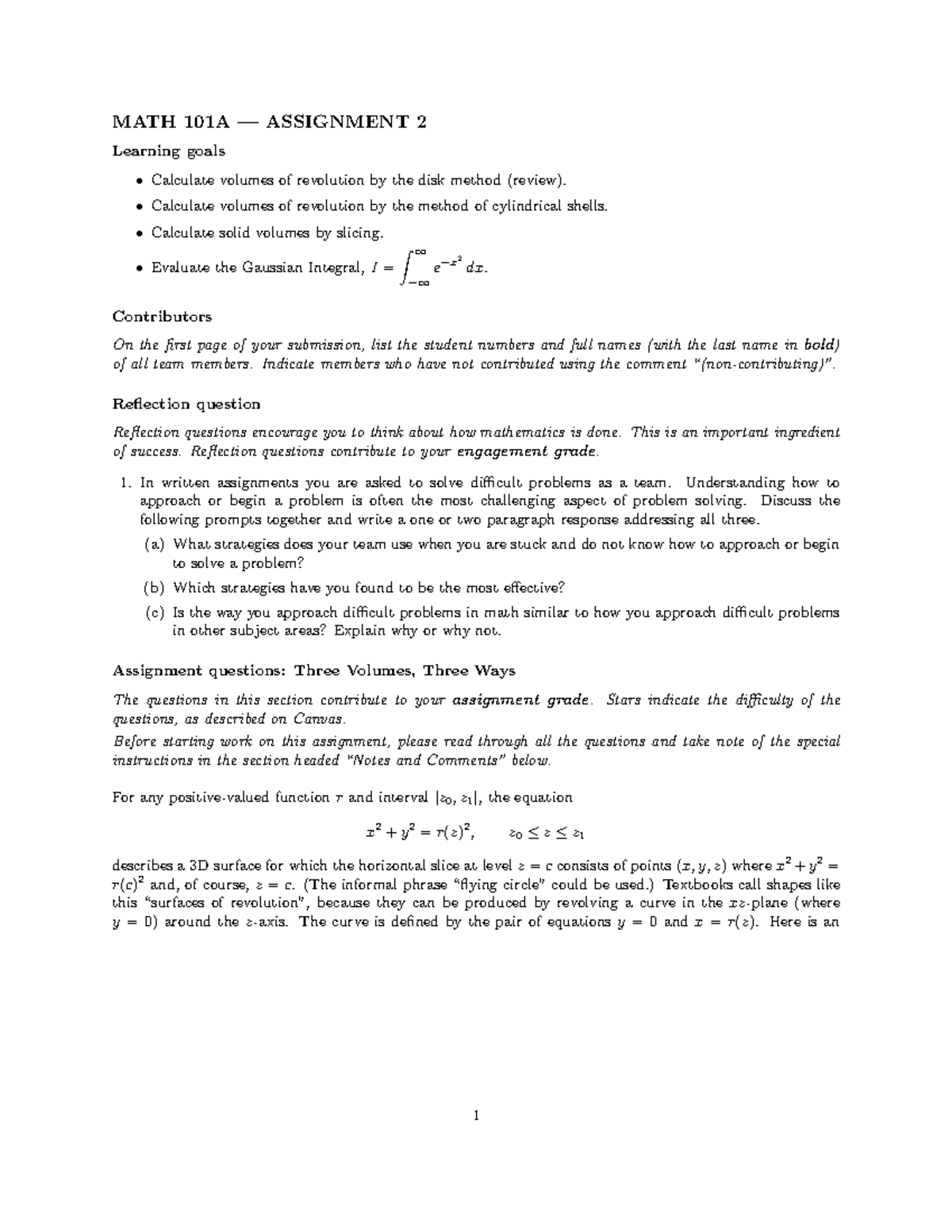 A2(A) - written assignment - MATH 101A — ASSIGNMENT 2 Learning goals Calculate volumes of ...