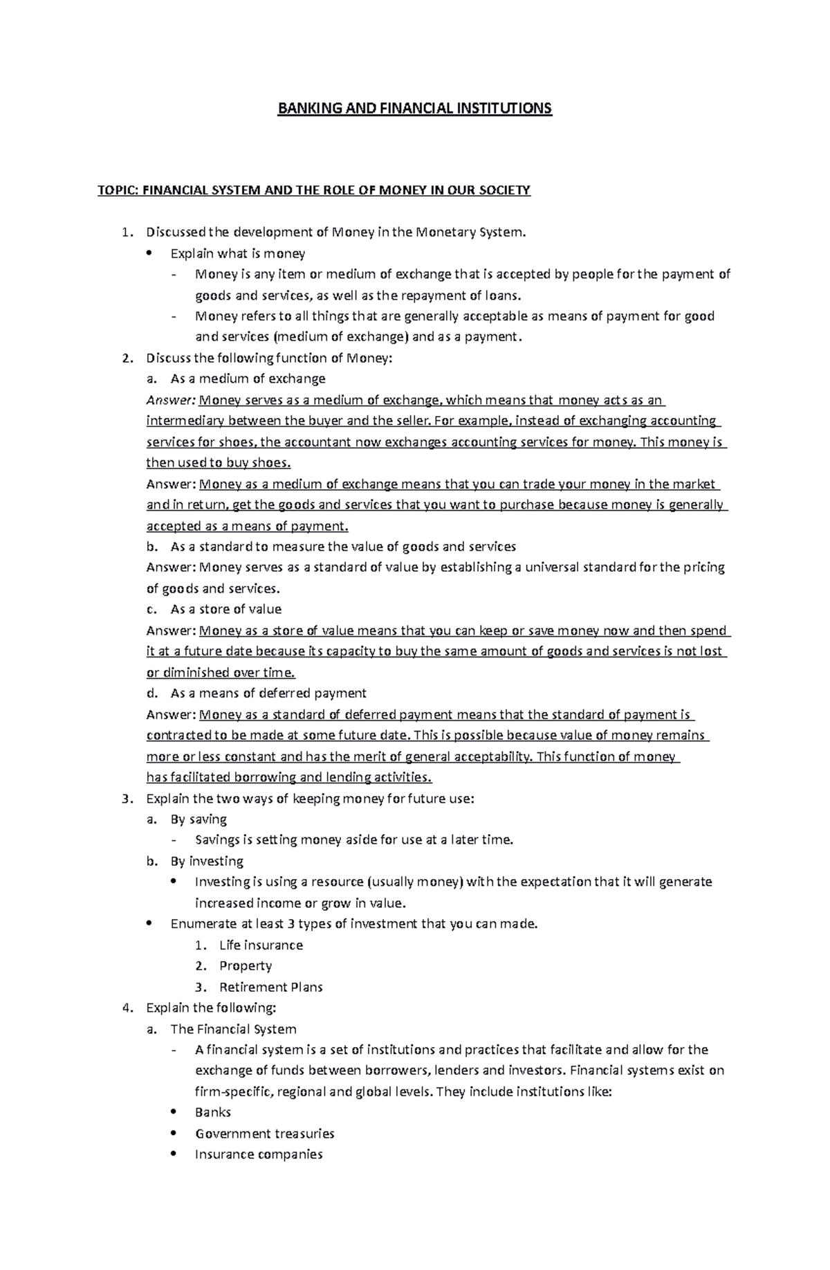 The Financial System and the role of money in the society Activity 1 ...