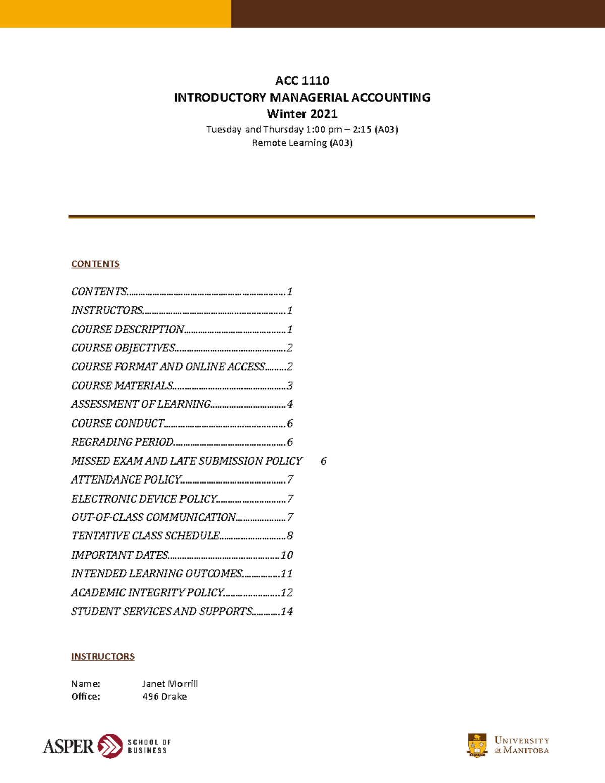 ACC1110 Winter 2021 Course outlines - ACC 1110 INTRODUCTORY MANAGERIAL ...