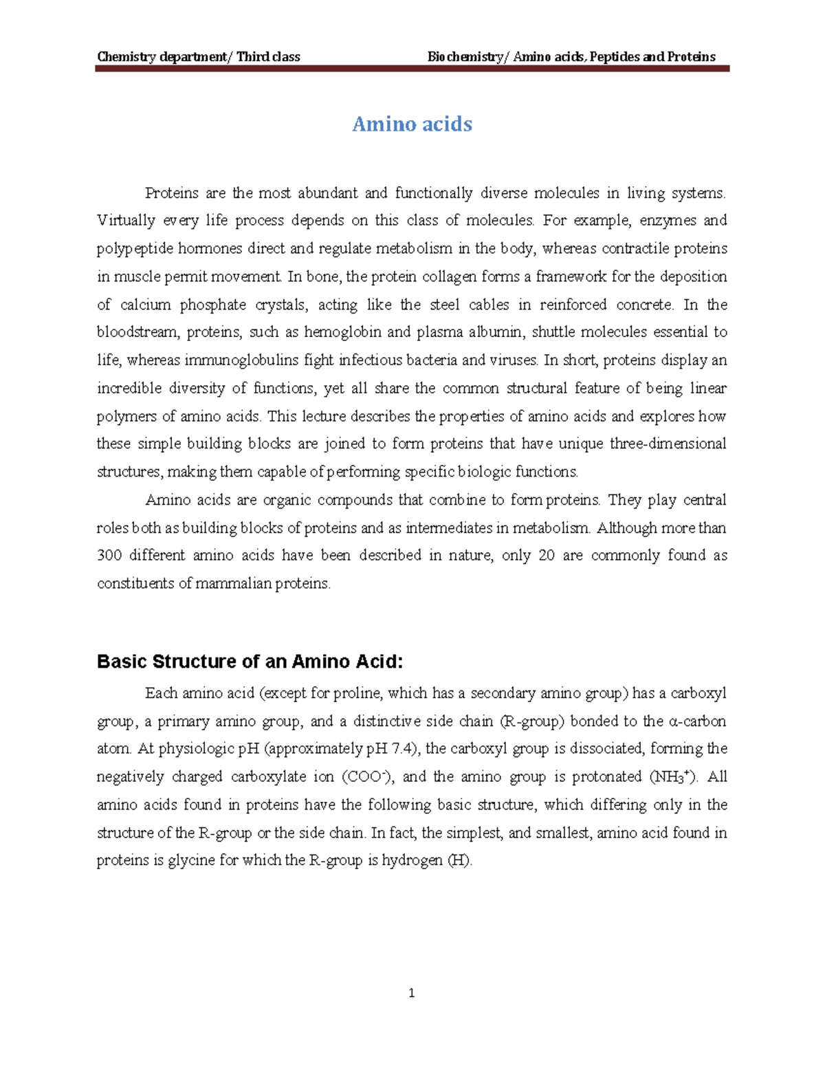 20 different amino acids assignment - Chemistry department/ Third class ...