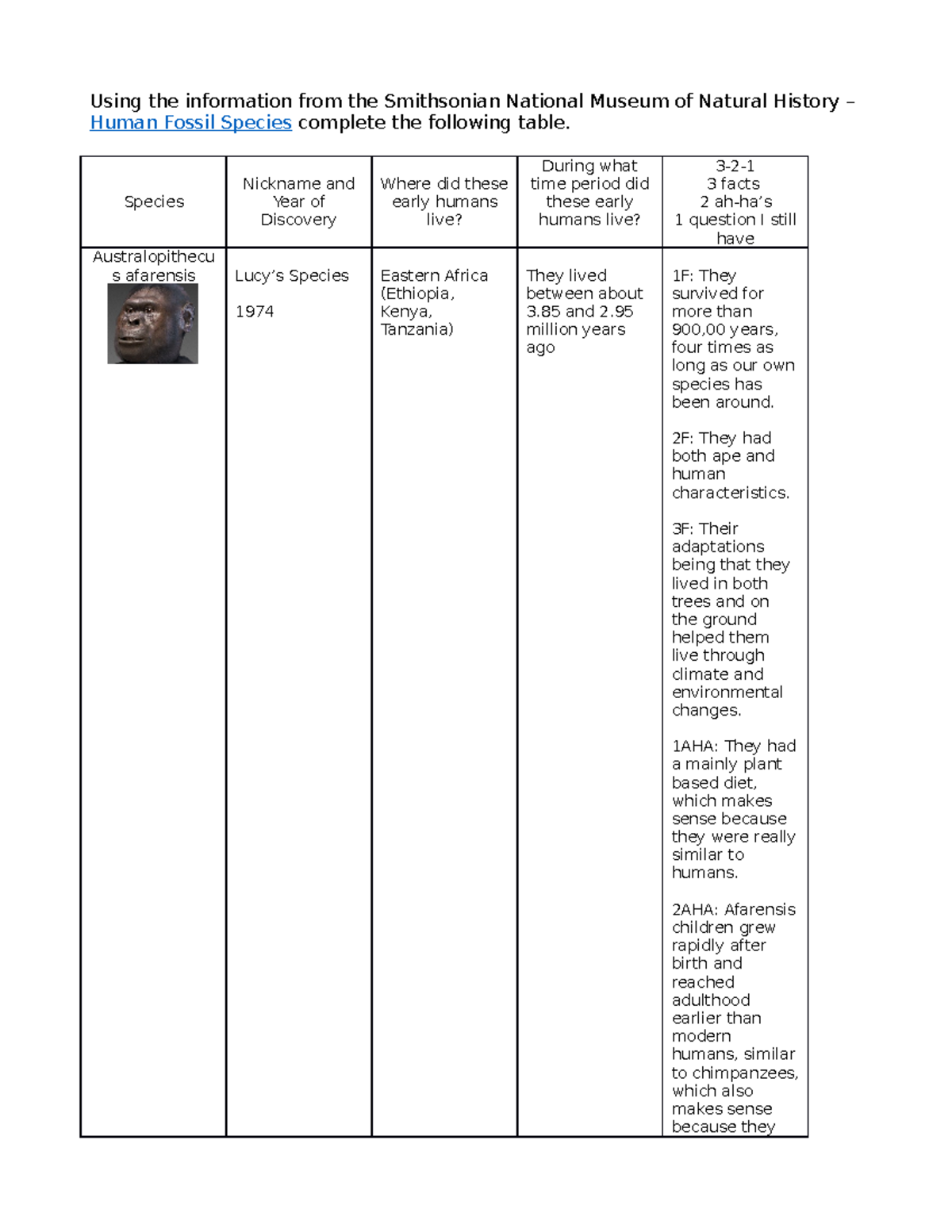 Early Human Fossil Species Graphic Organizer - Using the information ...