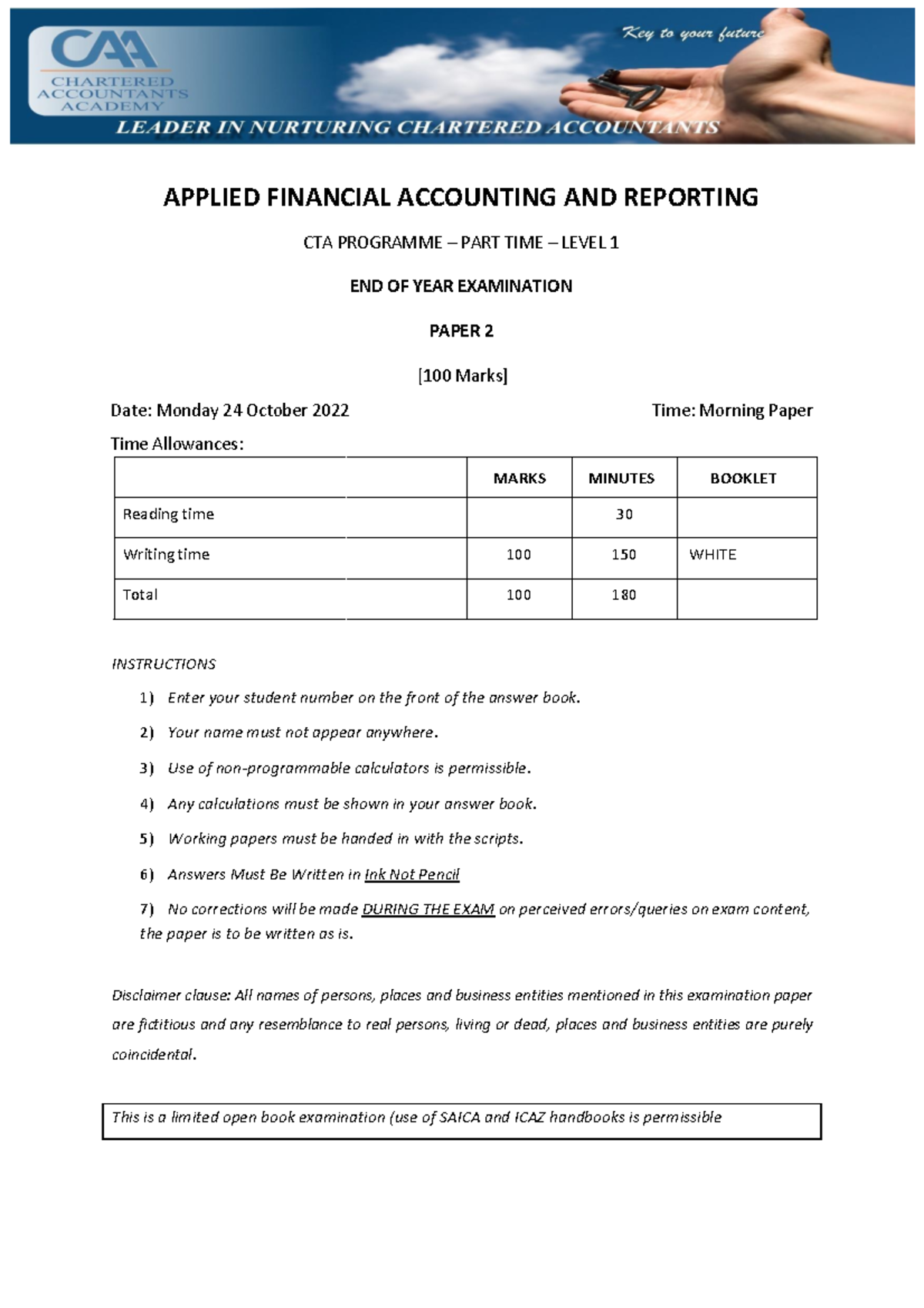 2022 CTA 1 EOY Financial Accounting Reporting Paper 2 - Scenario ...