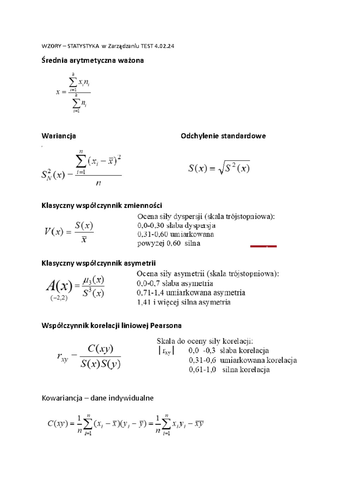 Statystyka+opisowa Wzory - Statystyka 2 - WZORY – STATYSTYKA w ...