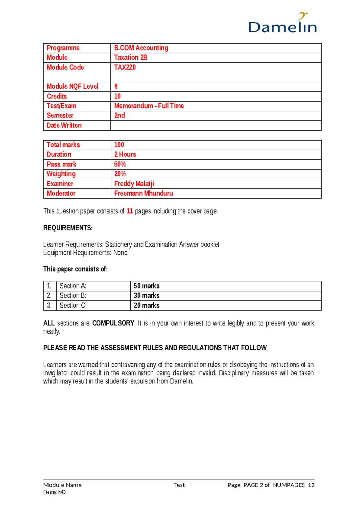 NQF 6 Modules - Memorandum Taxation 2B Full Time Class - Programme B ...
