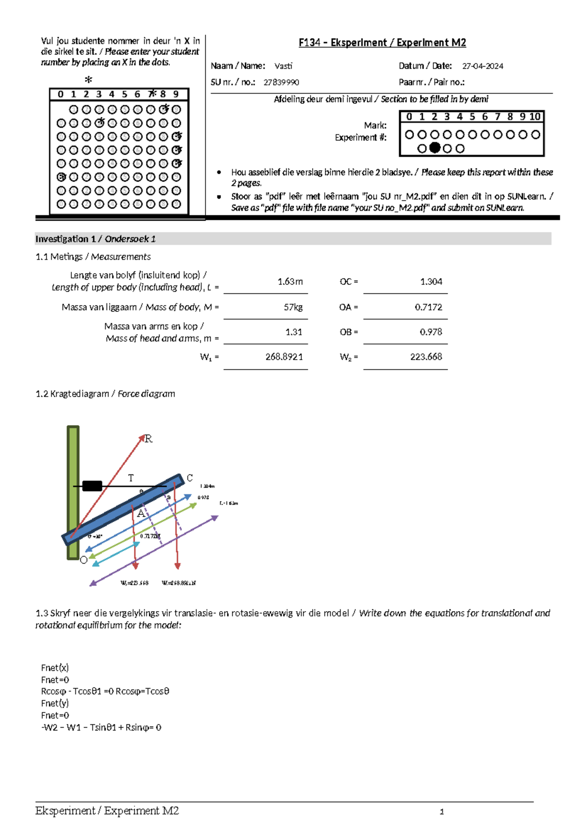 M2 report Oficcial - Vul jou studente nommer in deur 'n X in die sirkel ...