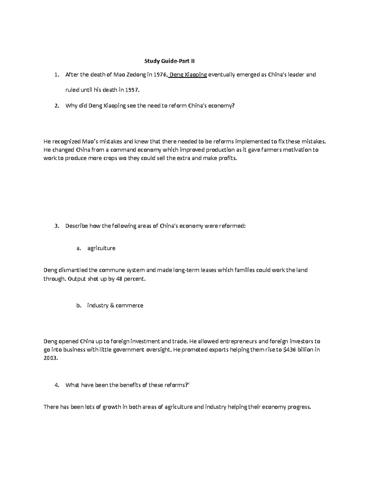 China review WC - Study Guide-Part II After the death of Mao Zedong in ...