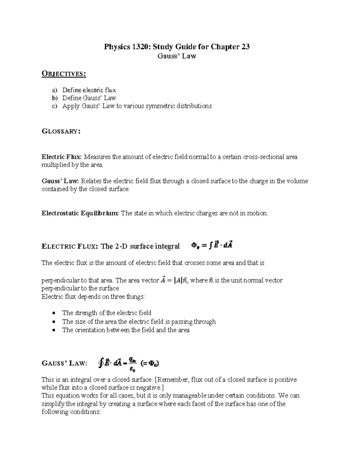SG Ch 23 Gauss - Physics 1320: Study Guide for Chapter 23 Gauss’ Law OBJECTIVES: a) Define ...