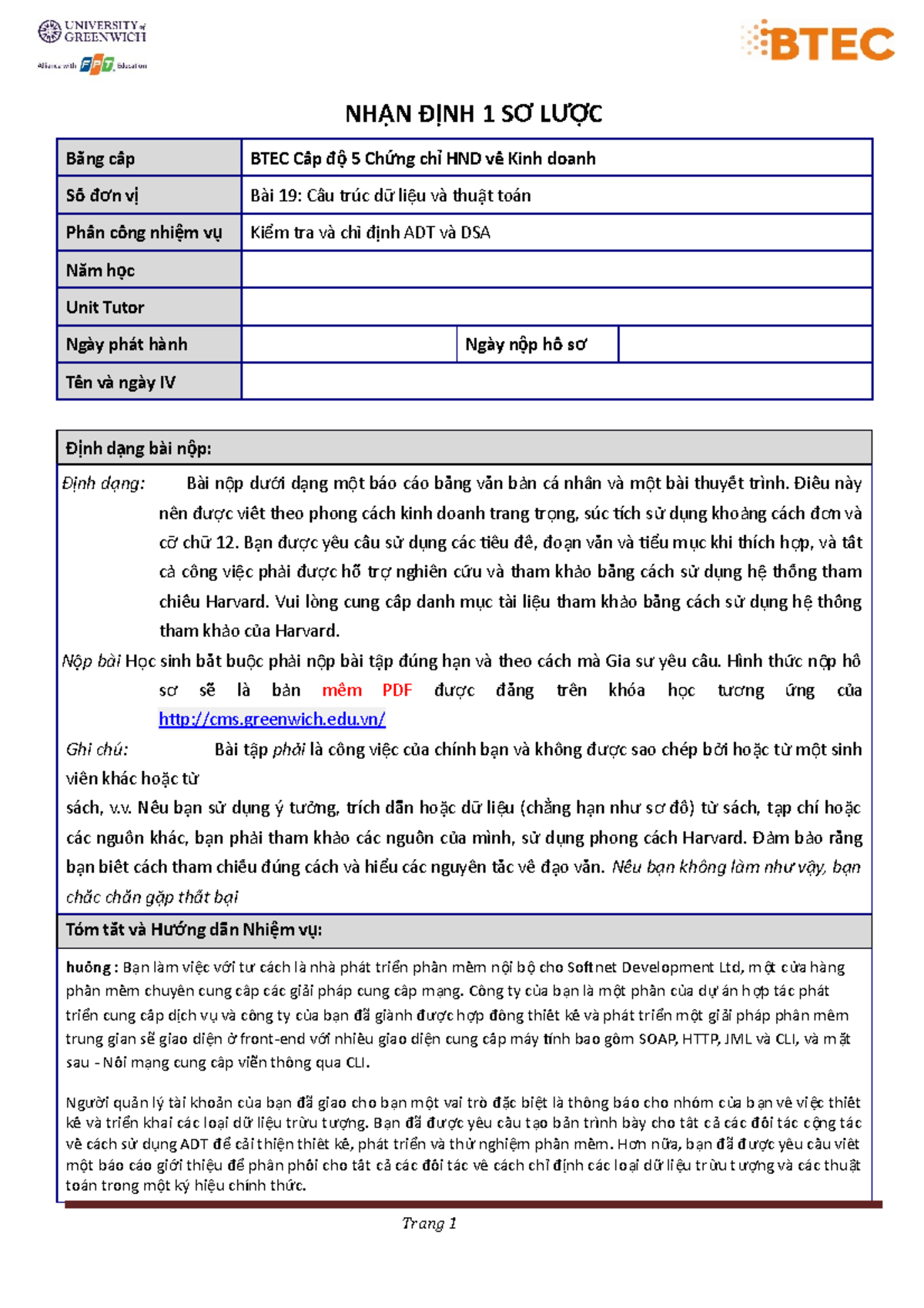 Unit 19 - Assignment brief 1 - NH ẬN Đ NH 1 S Ị Ơ L ƯỢC Bằằng cấấp BTEC ...