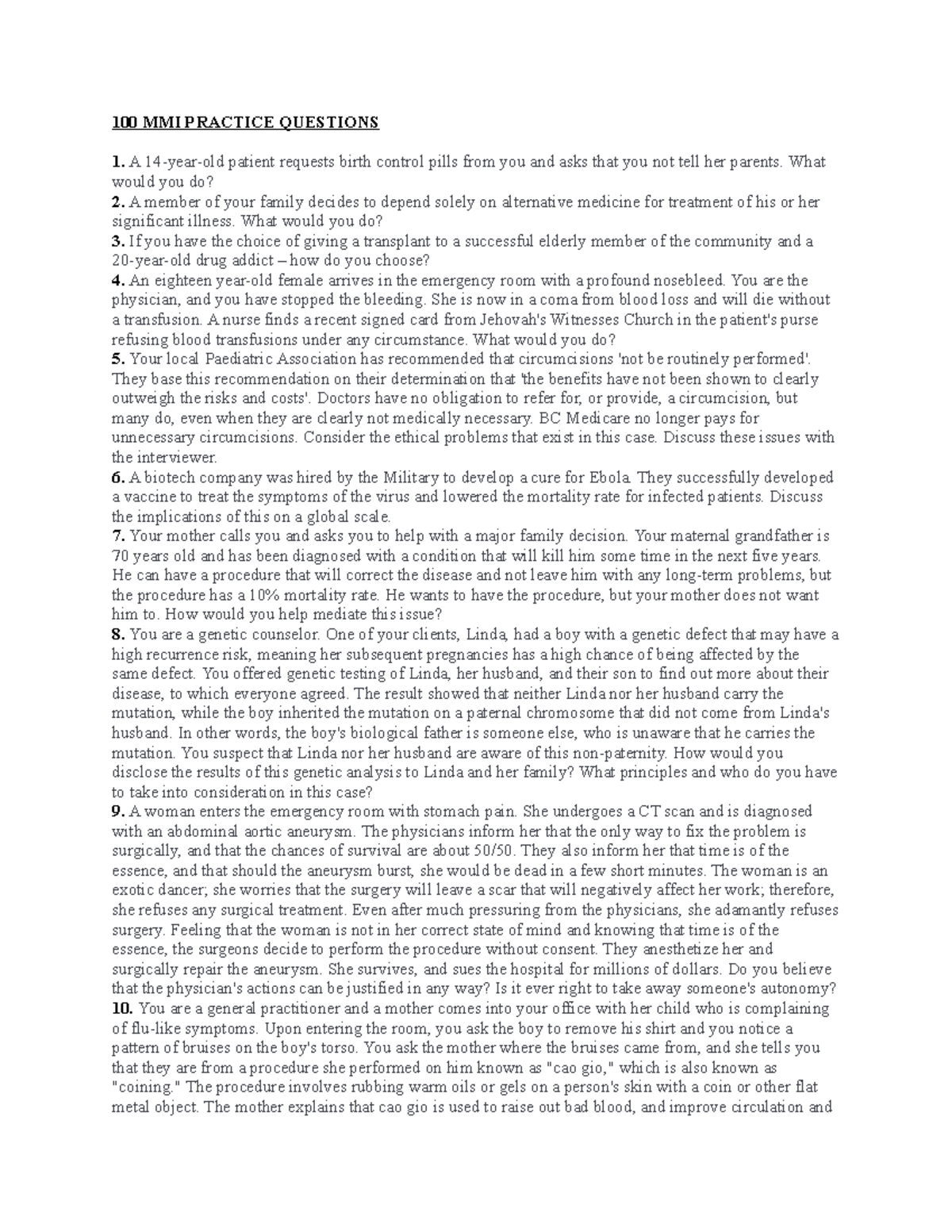 100 MMI Practice Questions - 100 MMI PRACTICE QUESTIONS A 14-year-old ...