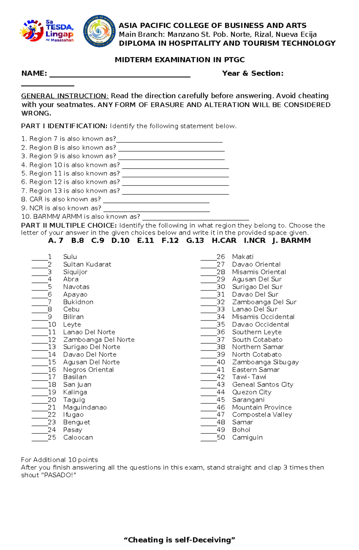 Midterm PTGC - ASIA PACIFIC COLLEGE OF BUSINESS AND ARTS Main Branch: Manzano St. Pob. Norte ...