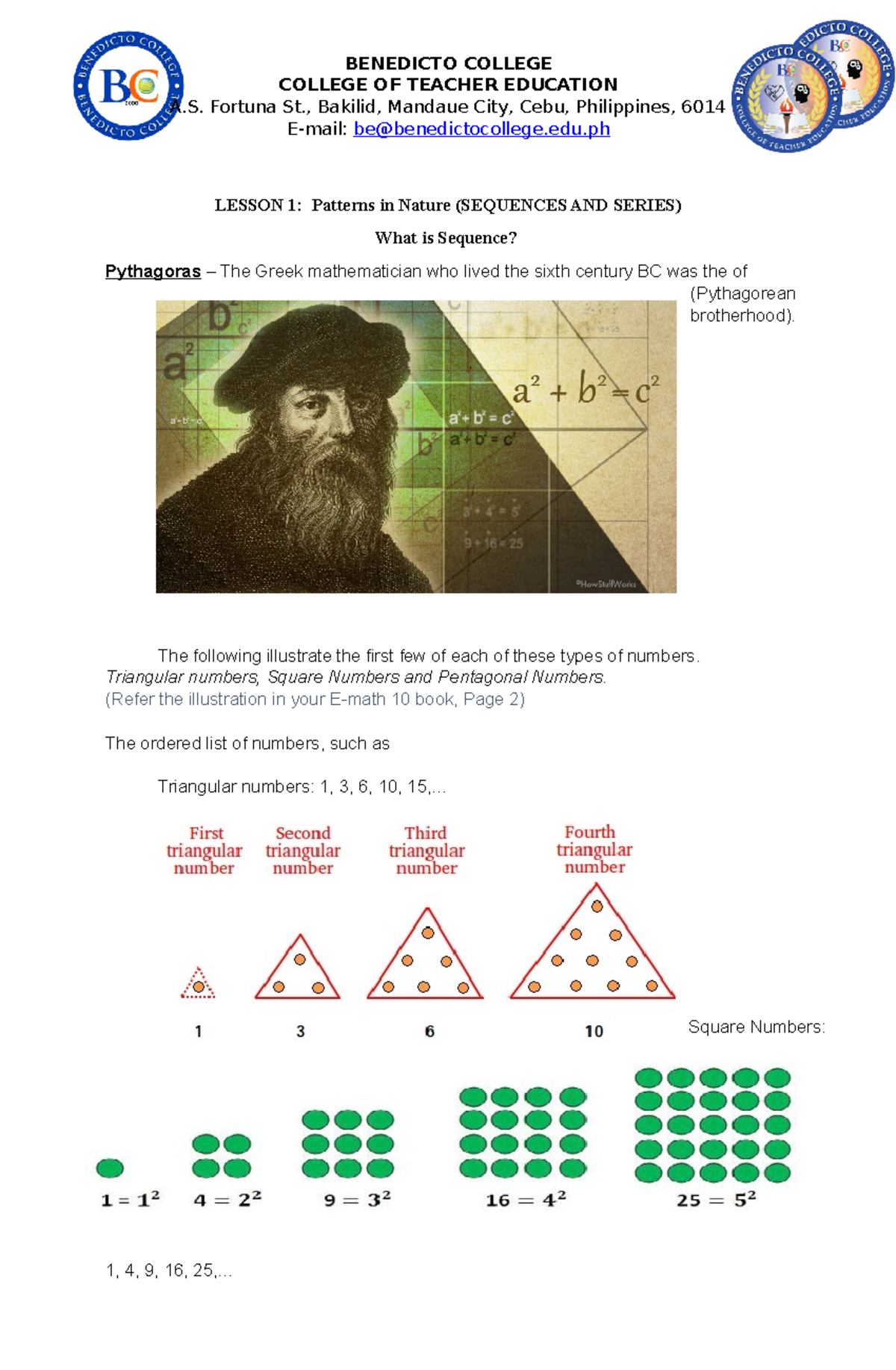 Mathworld- Introduction- Patterns - BENEDICTO COLLEGE COLLEGE OF ...