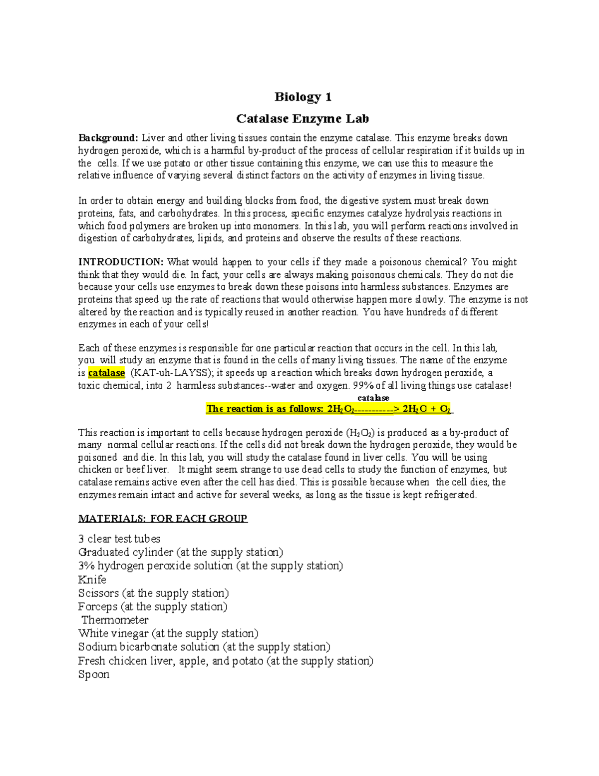 Catalase Enzyme Lab - Biology 1 Catalase Enzyme Lab Background: Liver ...