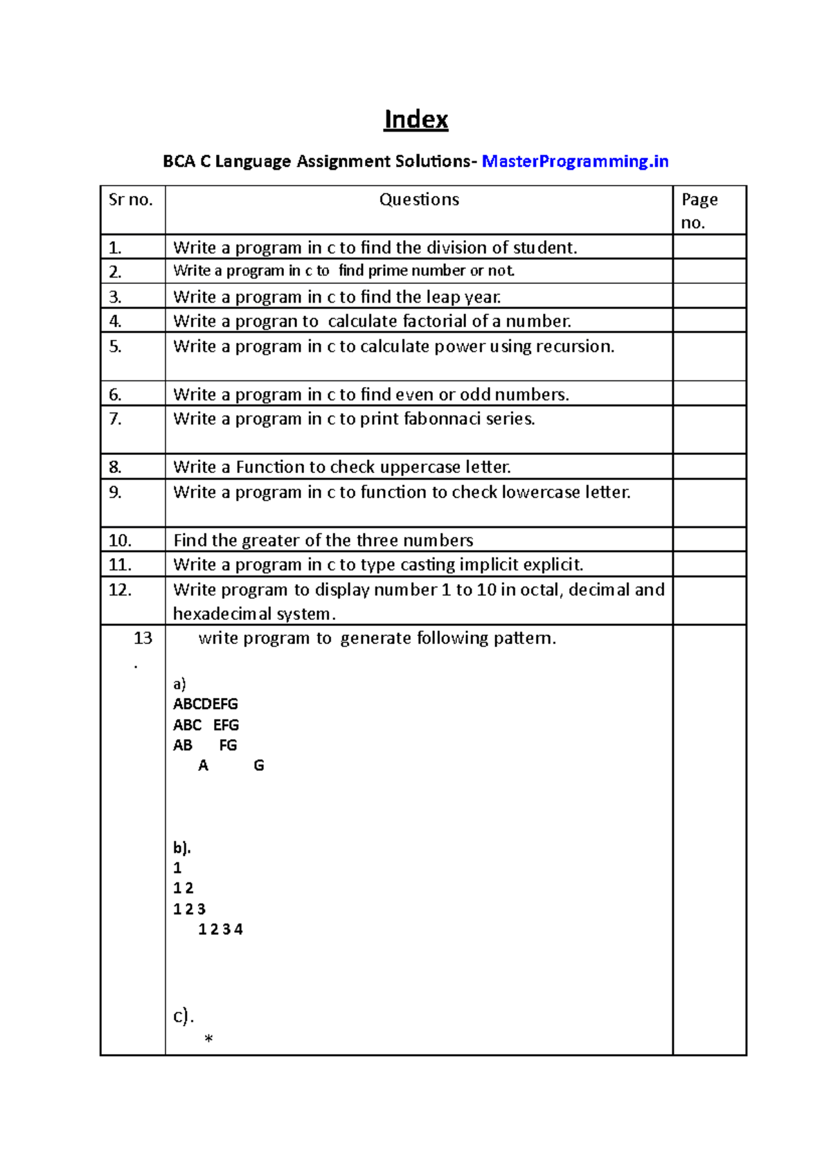 Master Programming.in - BCA C Programing Assignment 2021 - Index BCA C Language Assignment - Studocu