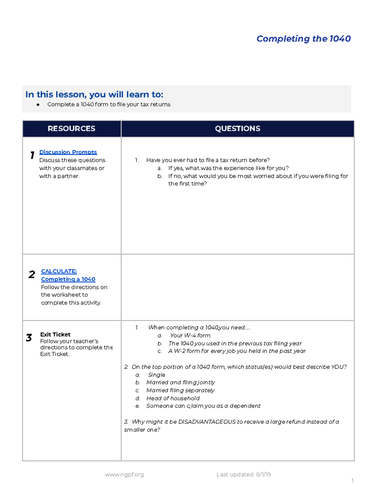 Completing the 1040 - Completing the 1040 In this lesson, you will ...