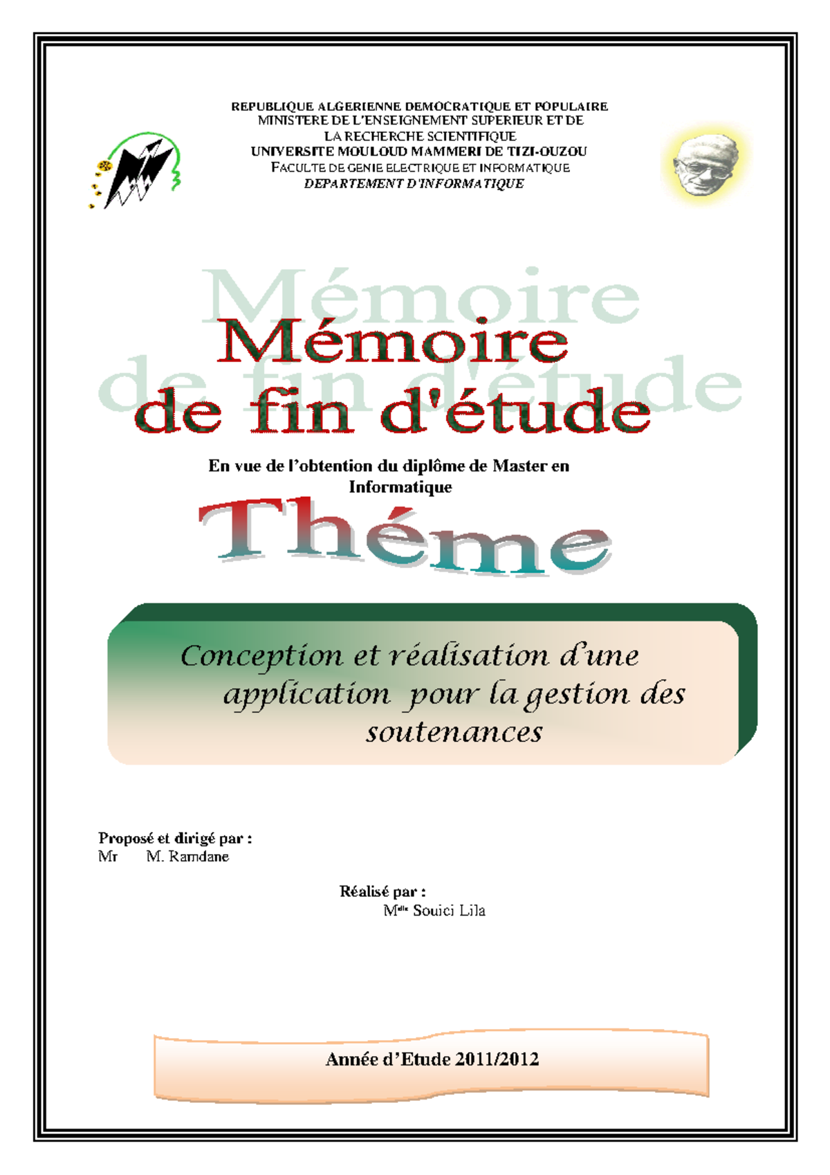 Memoire de projet fin etude util - REPUBLIQUE ALGERIENNE DEMOCRATIQUE ...