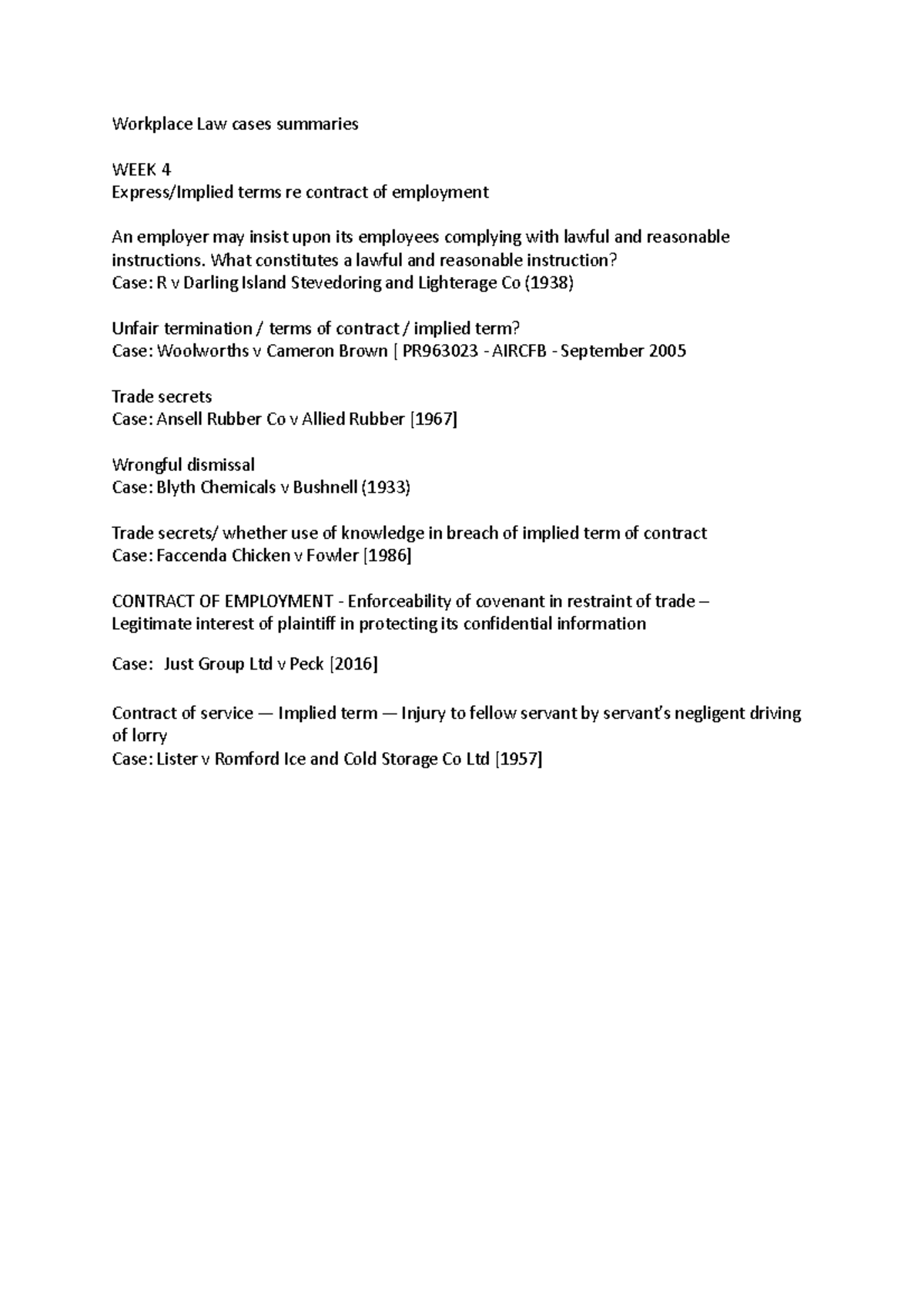 Workplace Law cases summaries - What constitutes a lawful and ...