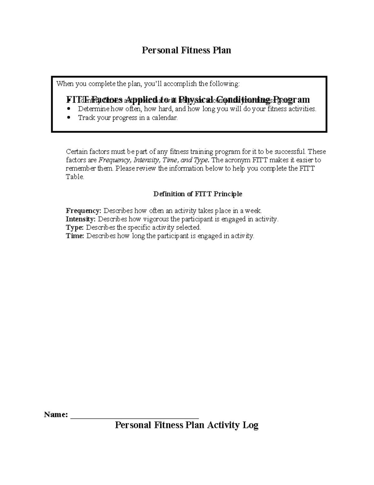 Personal+Fitness+Plan - Personal Fitness Plan FITT Factors Applied to a ...