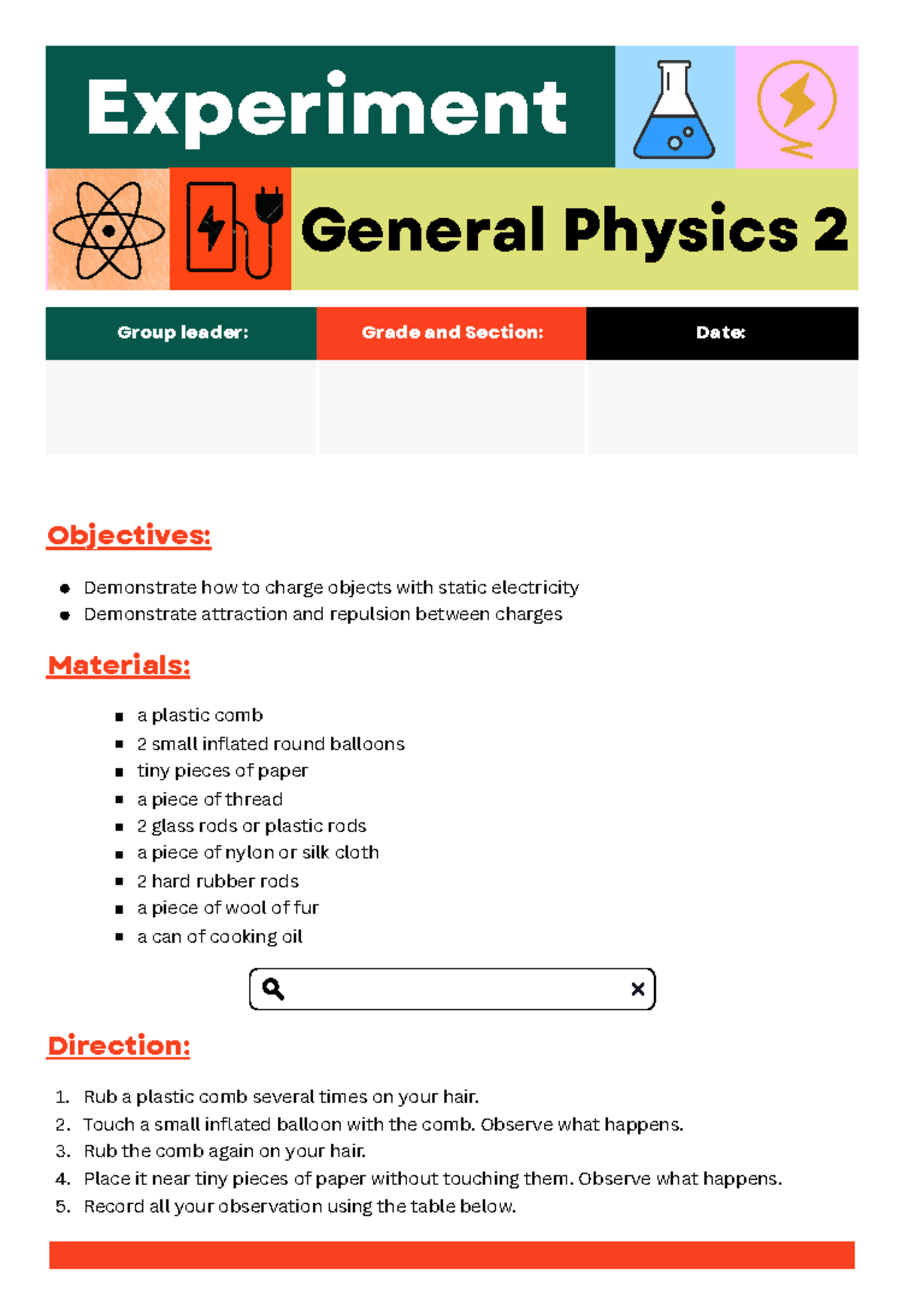 Experiment Charging - Objectives: Materials: Direction: Experiment ...