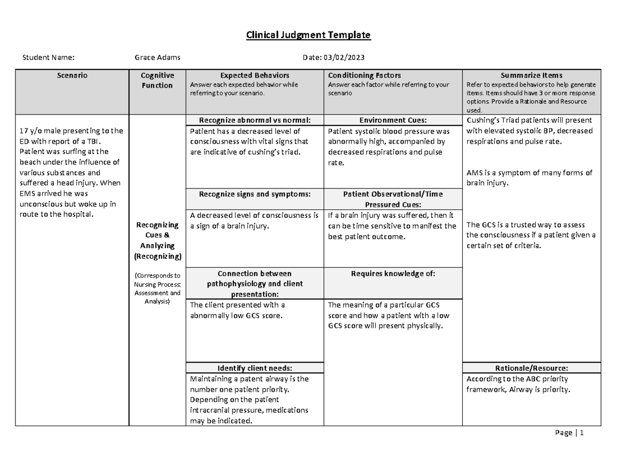 TBI judgement - lab ppwork - Clinical Judgment Template Page | 1 ...