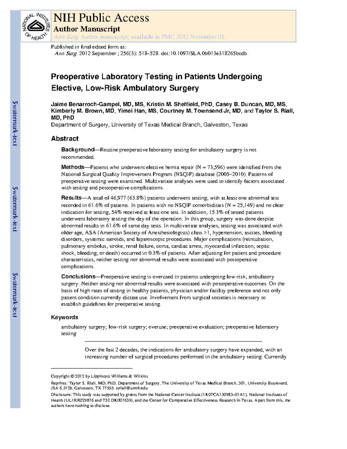 Preoperative Laboratory Testing in Patients Undergoing Elective, Low ...