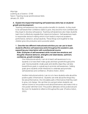 D186 Task 1 - Passed - Ahja Aga Learning as a Science - D Task 1: Creating A Supportive Learning ...