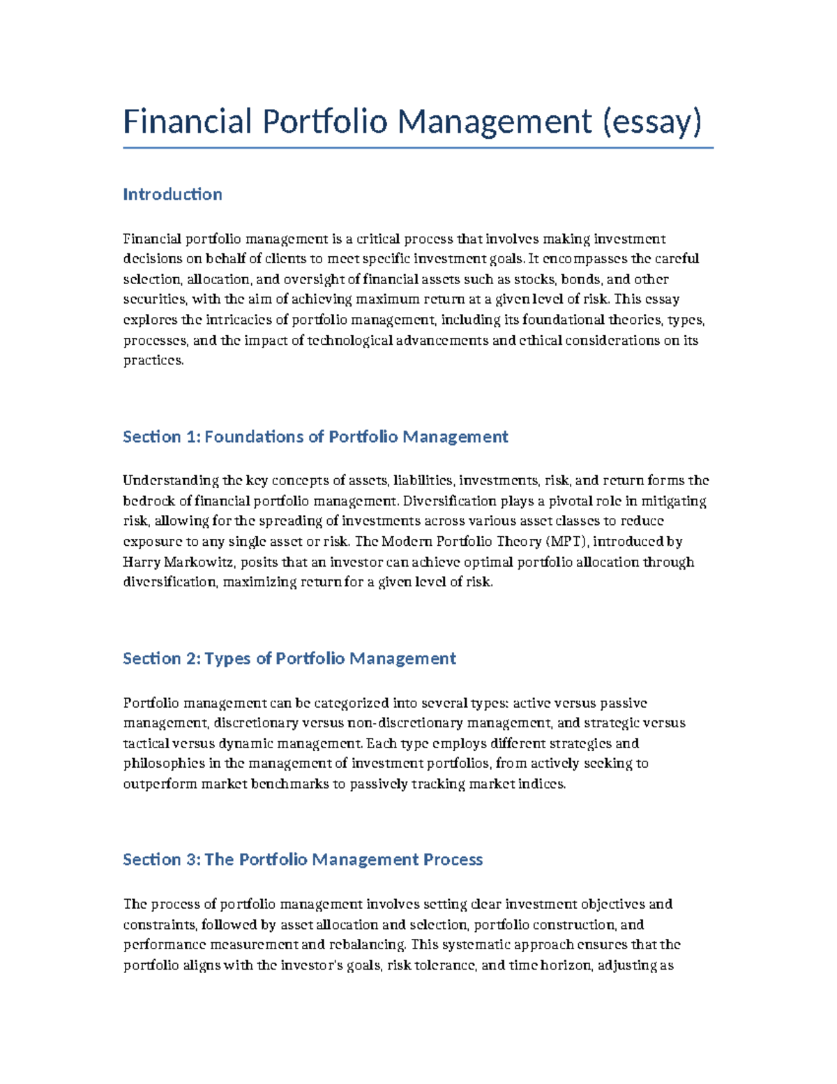 Financial Portfolio Management Essay Draft - Financial Portfolio ...